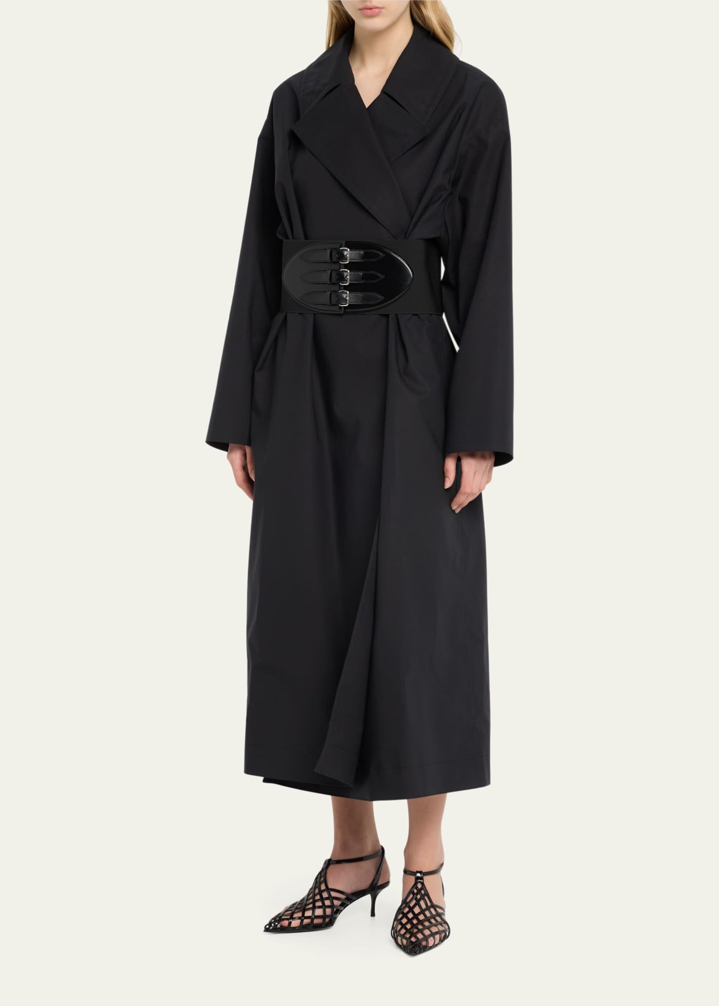 ALAIA Long Trench Coat with Leather Corset Belt - Bergdorf Goodman