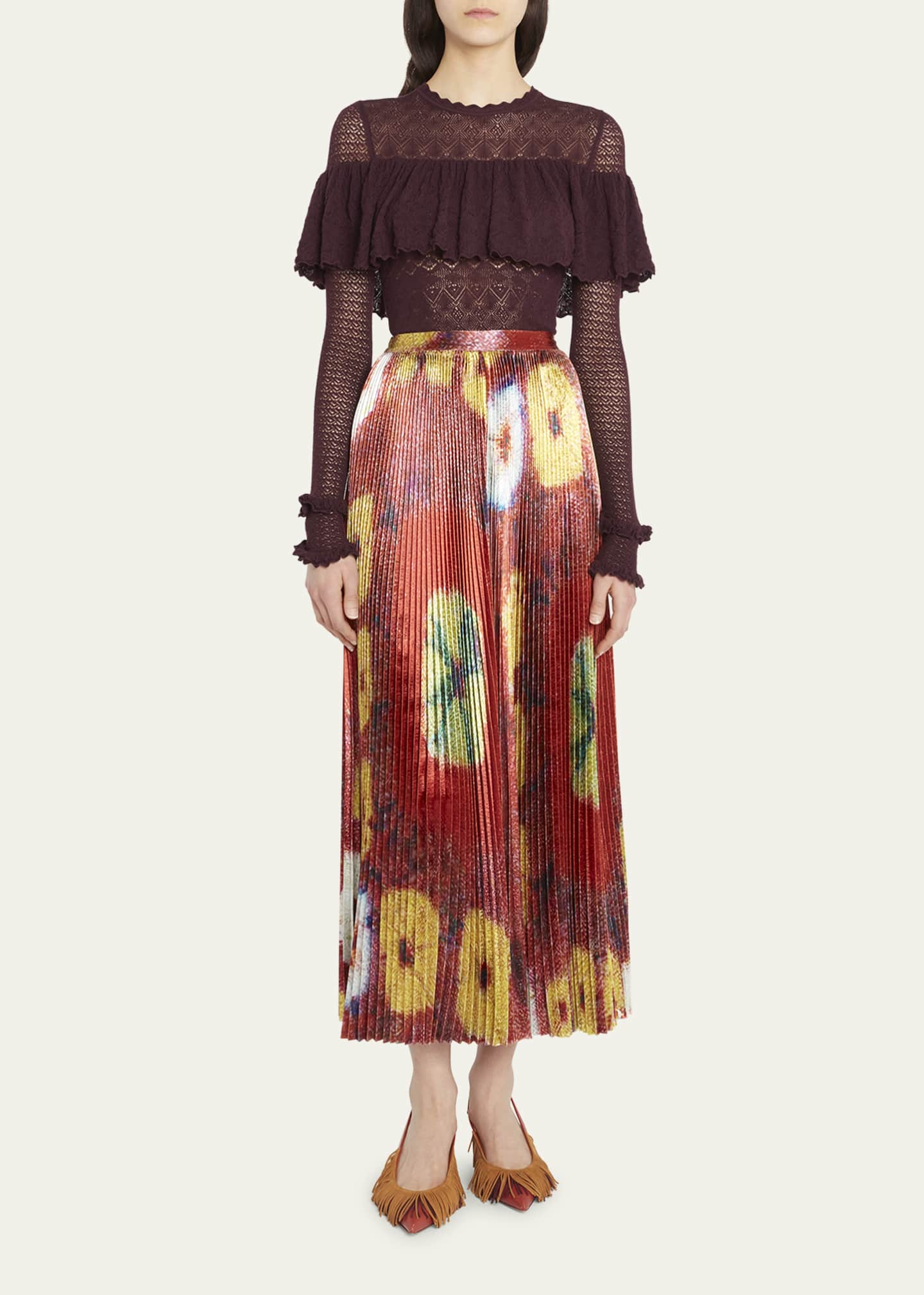 Ulla Johnson Rami Shiny Pleated Floral Satin Midi Skirt - Bergdorf Goodman