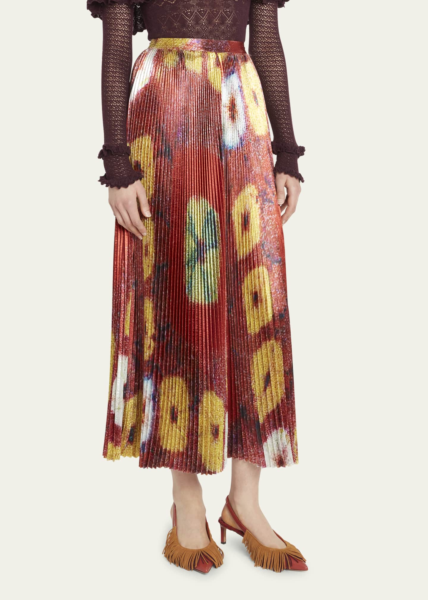 Ulla Johnson Rami Shiny Pleated Floral Satin Midi Skirt - Bergdorf Goodman