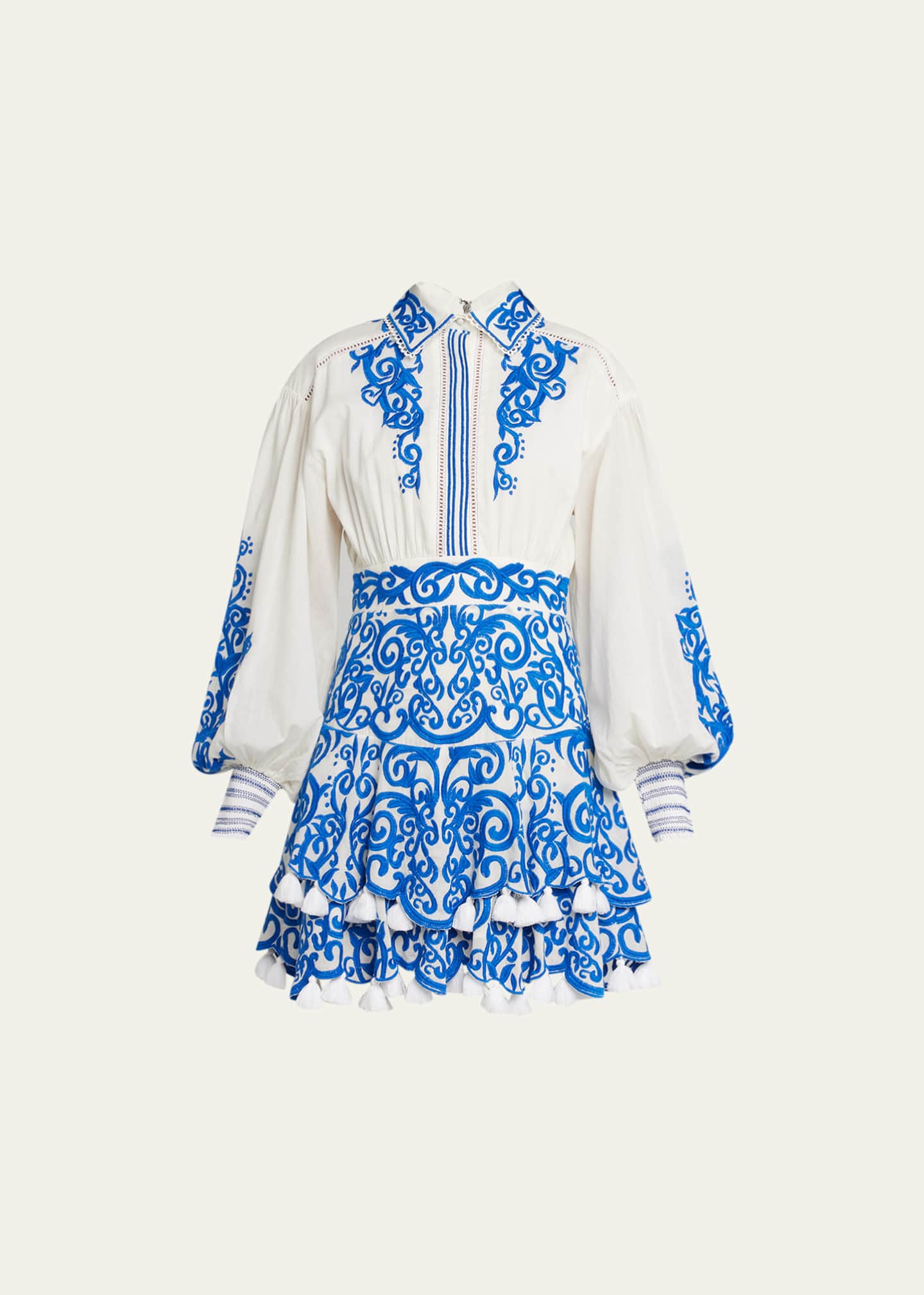 Alice + Olivia Loryn Embroidered Long Sleeve Tiered Mini Dress ...