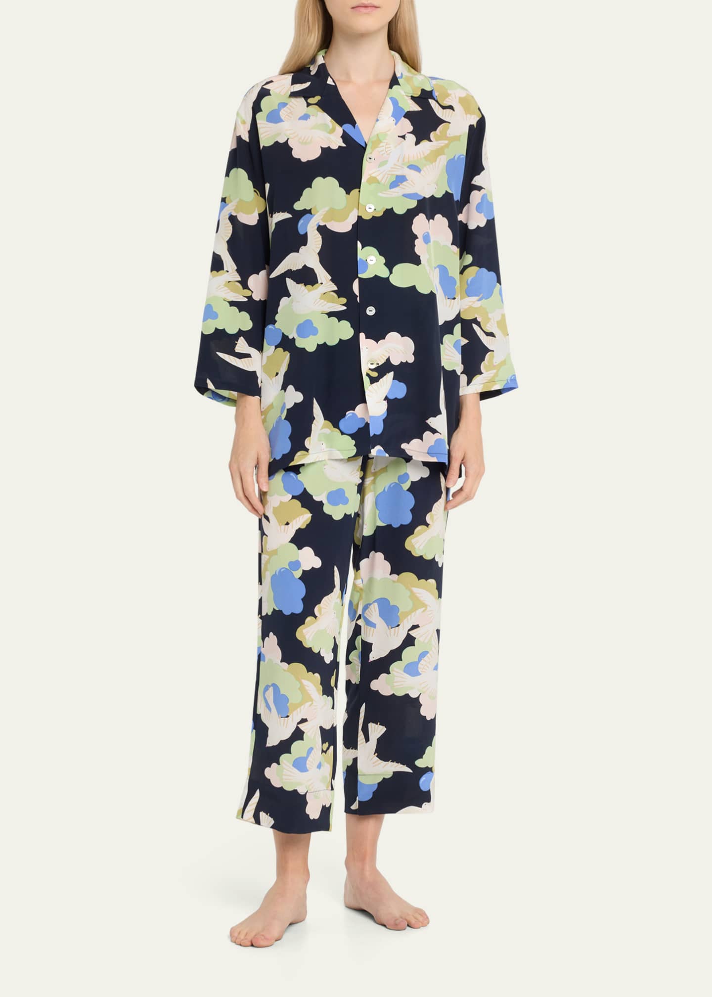 Olivia Von Halle Casablanca Jacques Bird Print Silk Pajama Set