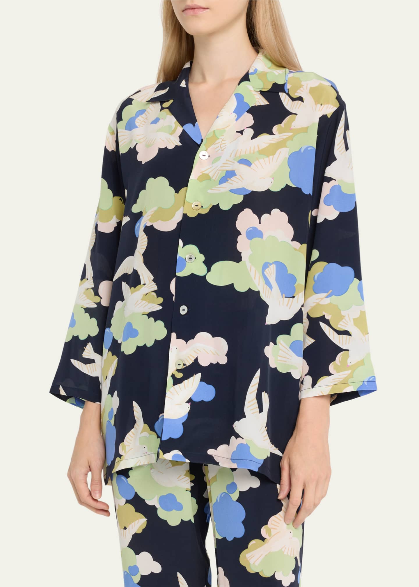 Olivia Von Halle Casablanca Jacques Bird Print Silk Pajama Set