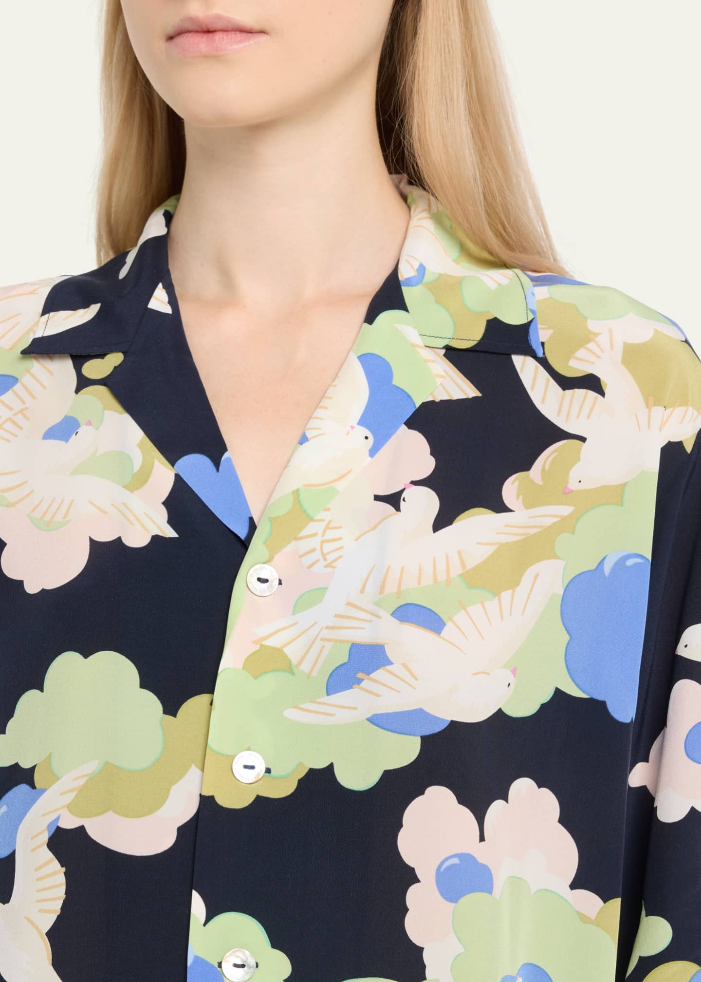 Olivia Von Halle Casablanca Jacques Bird-Print Silk Pajama Set ...