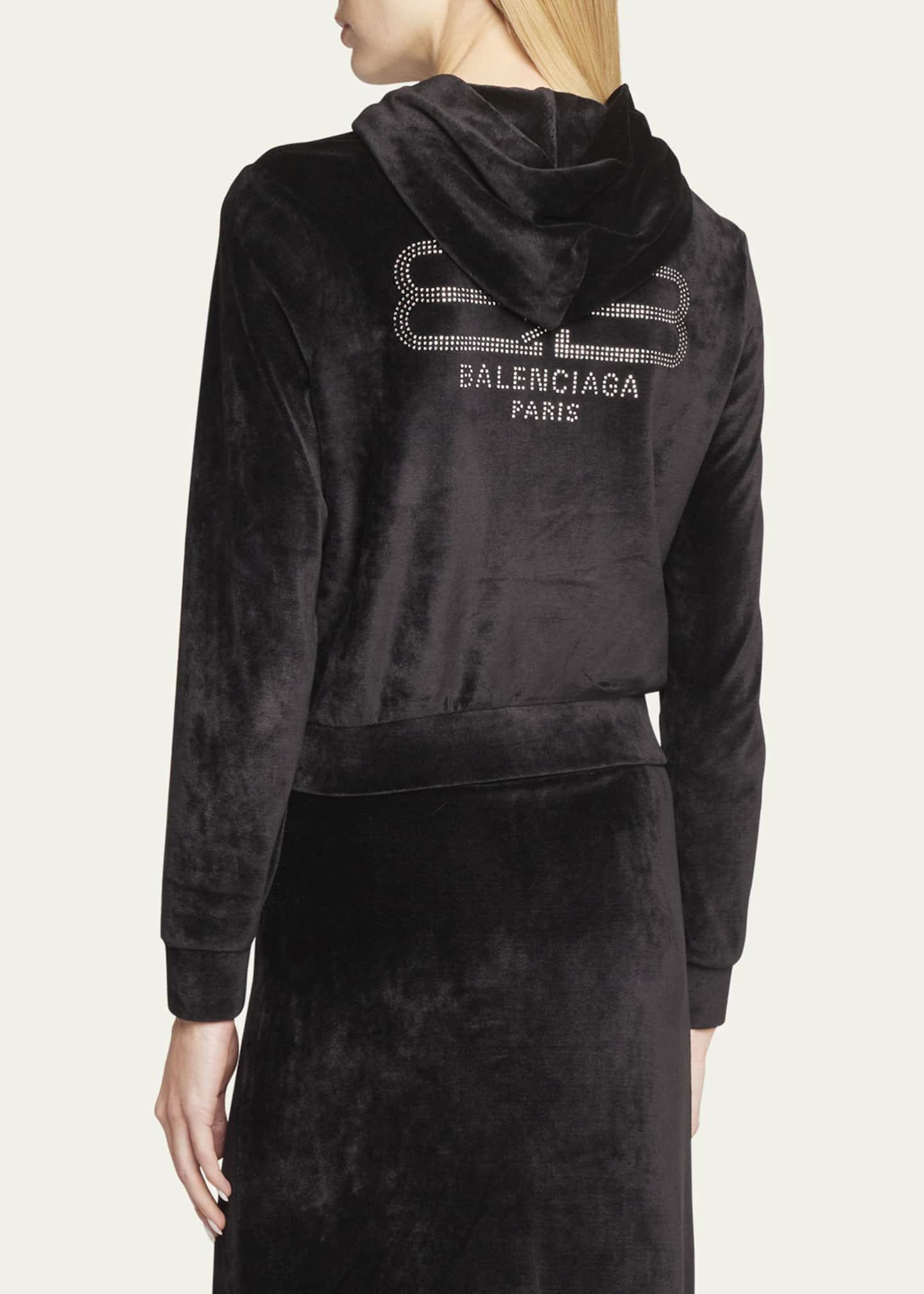 Balenciaga Cropped Zip-Up Velvet Hoodie with Strass Logo - Bergdorf Goodman