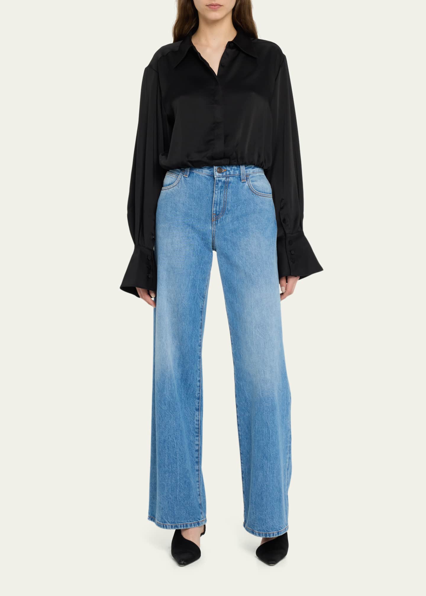 SIMKHAI Blythe Button-Front Cropped Satin Shirt - Bergdorf Goodman