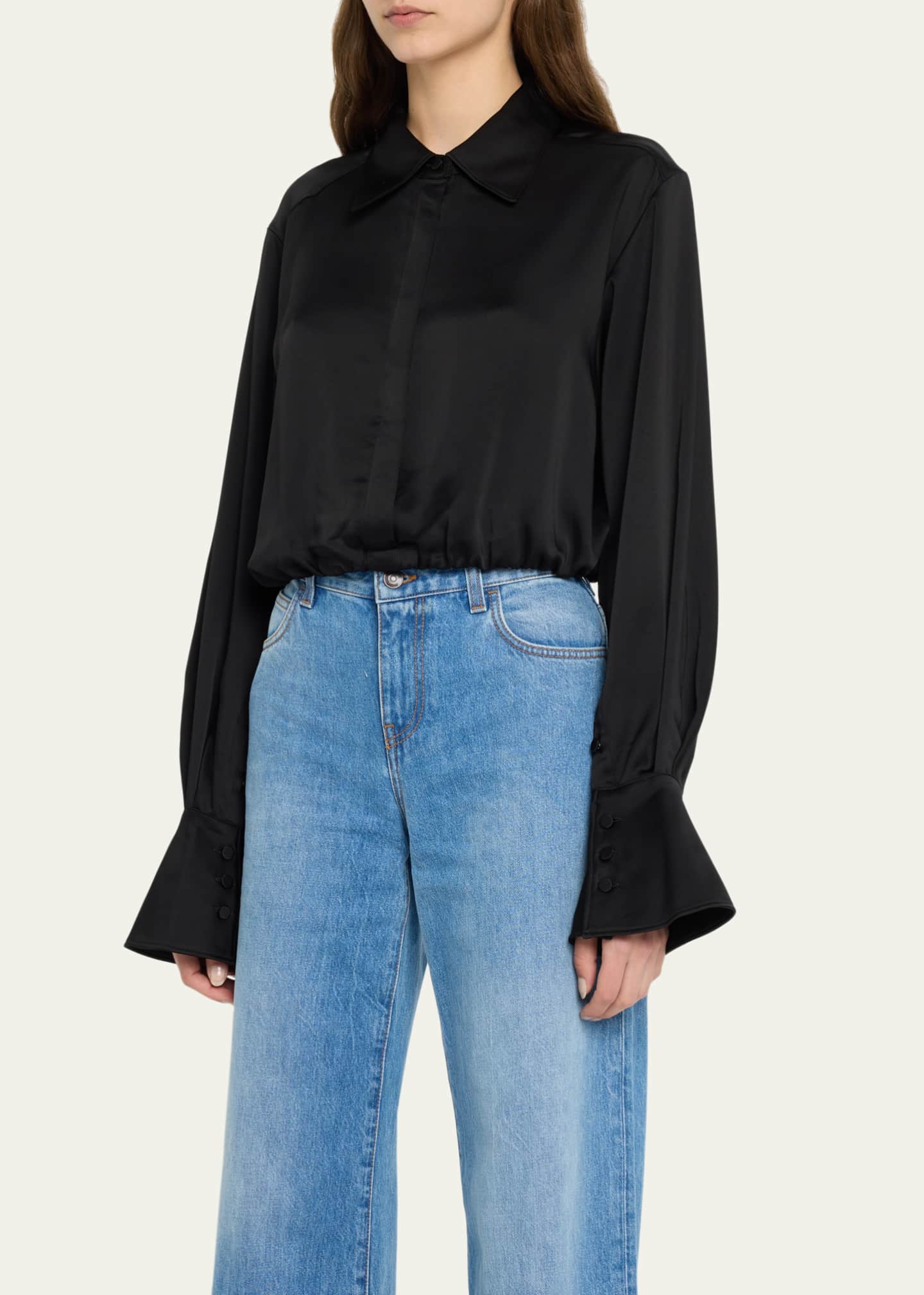 SIMKHAI Blythe Button-Front Cropped Satin Shirt - Bergdorf Goodman
