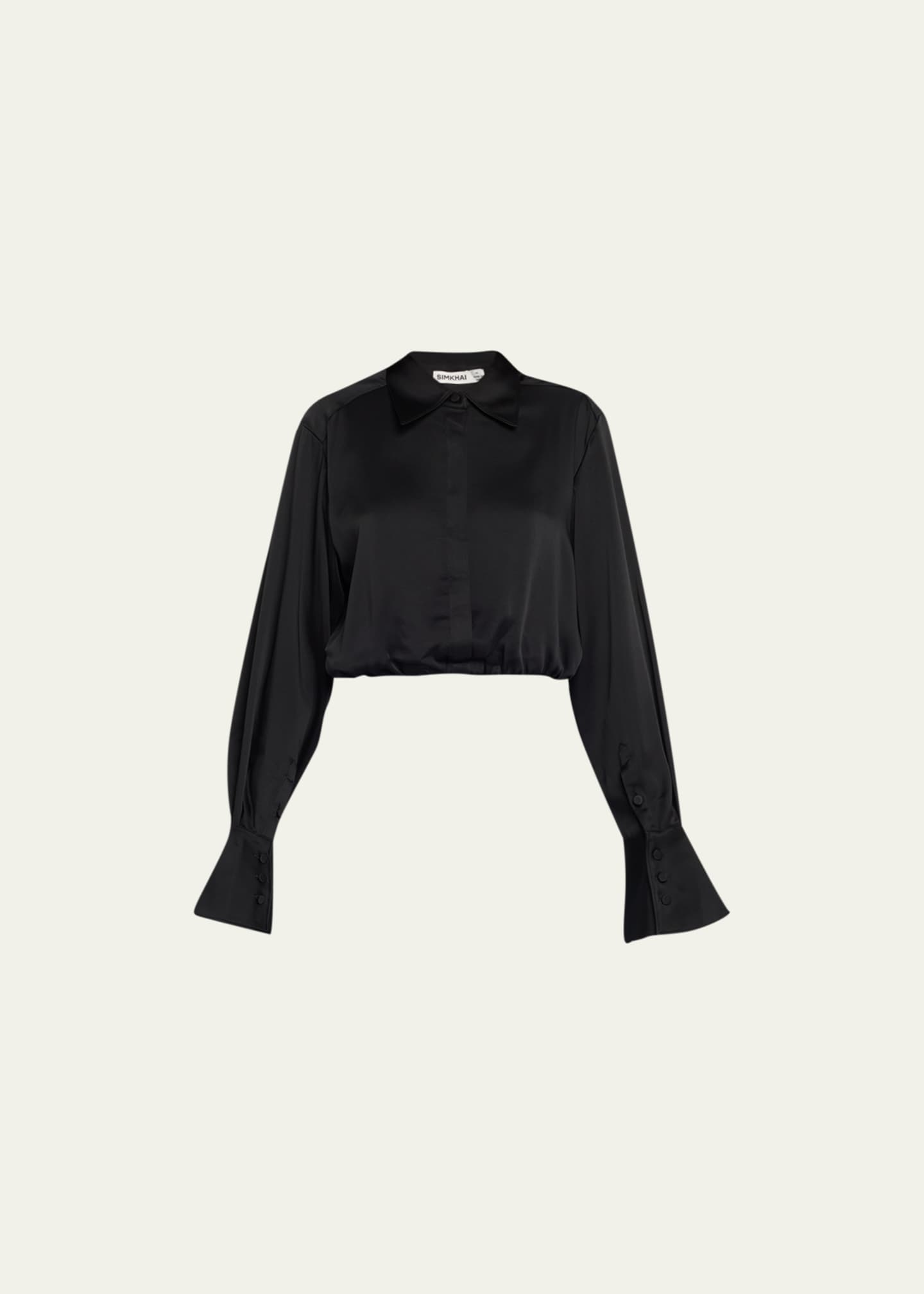 SIMKHAI Blythe Button-Front Cropped Satin Shirt - Bergdorf Goodman