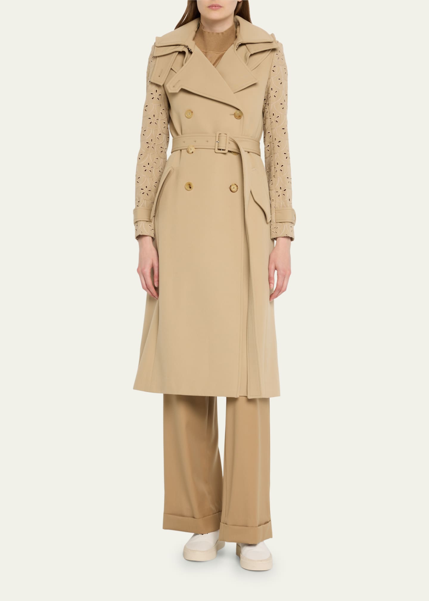 Chloe Belted Wool Trench Coat with Eyelet-Embroidered Sleeves ...