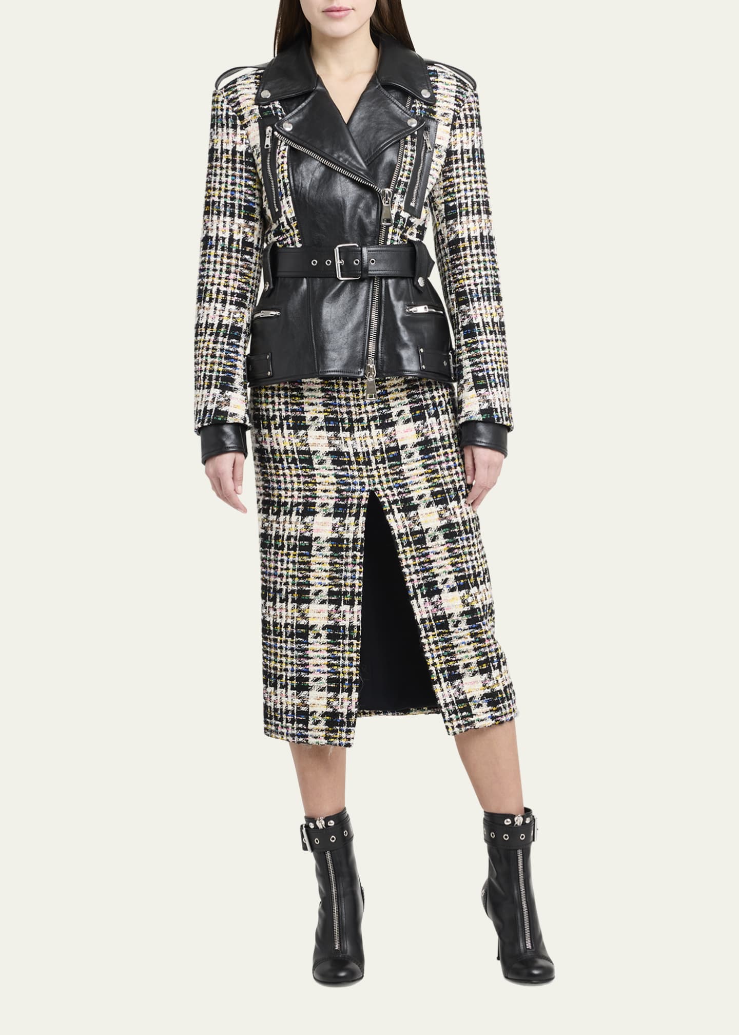 Alexander McQueen Belted Leather Moto Jacket with Tweed Detail ...