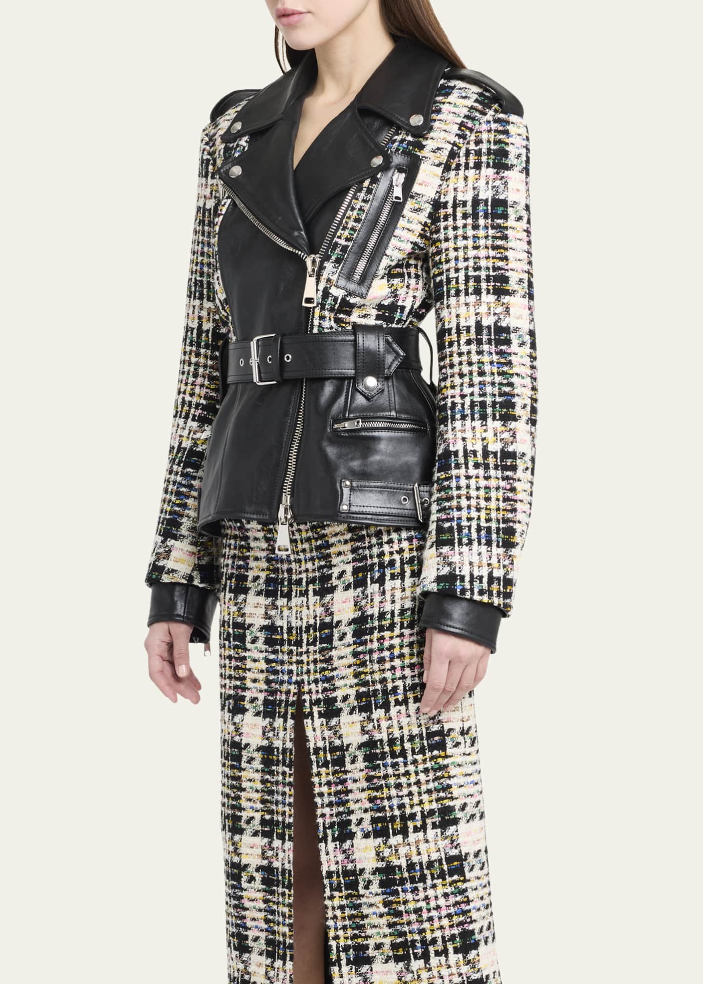 Alexander McQueen Belted Leather Moto Jacket with Tweed Detail ...