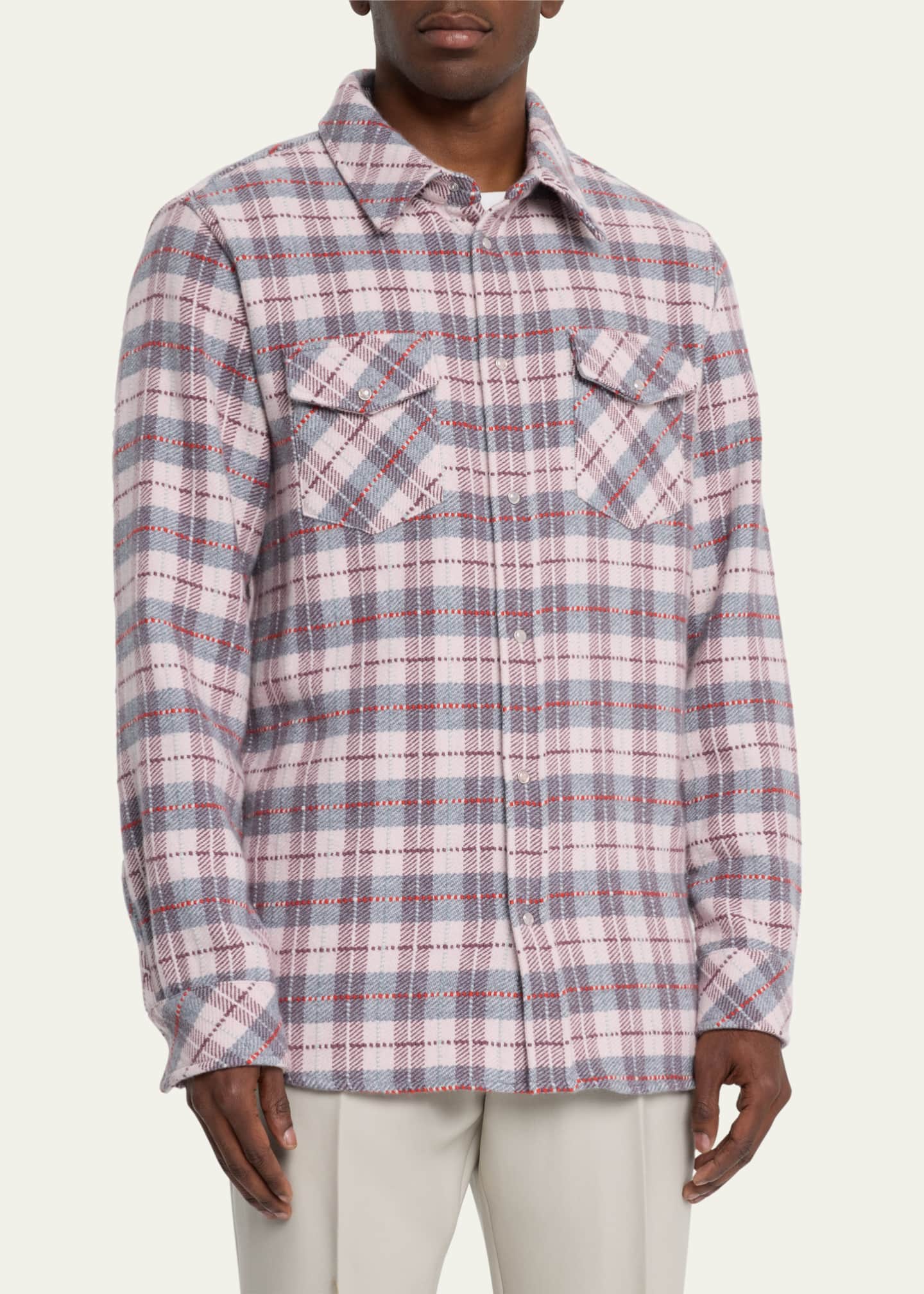 God's True Cashmere Men's Tartan Cashmere Western Shirt with Rose ...