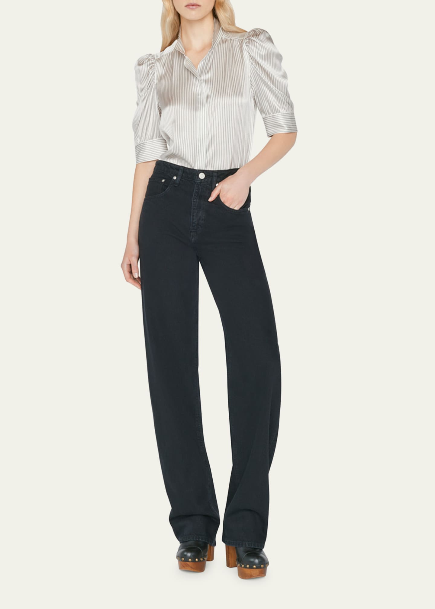 FRAME Gillian Stripe Silk Ruched-Sleeve Top - Bergdorf Goodman