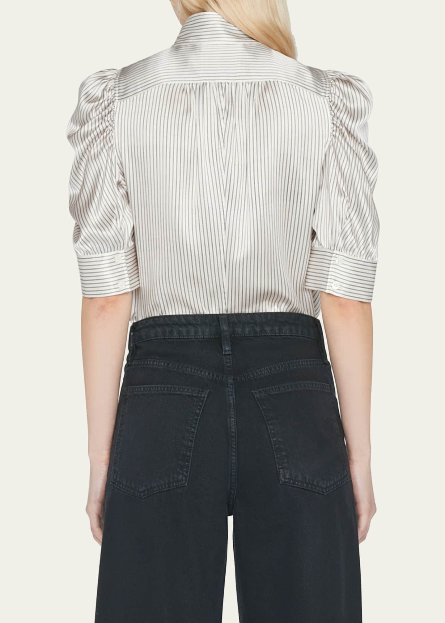 FRAME Gillian Stripe Silk Ruched-Sleeve Top - Bergdorf Goodman