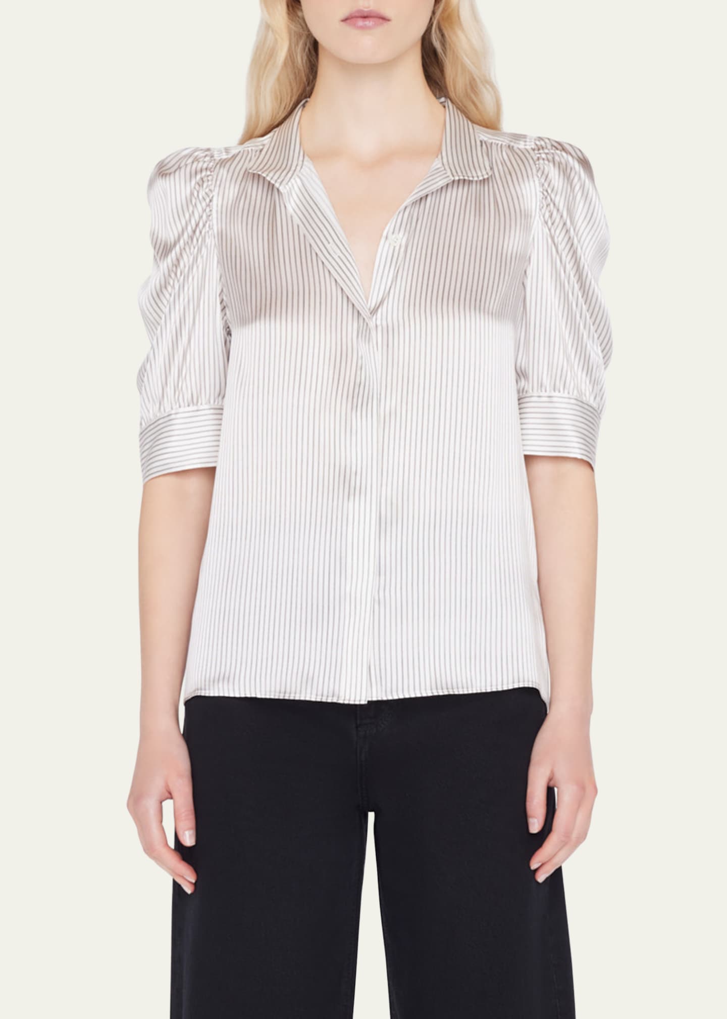 FRAME Gillian Stripe Silk Ruched-Sleeve Top - Bergdorf Goodman