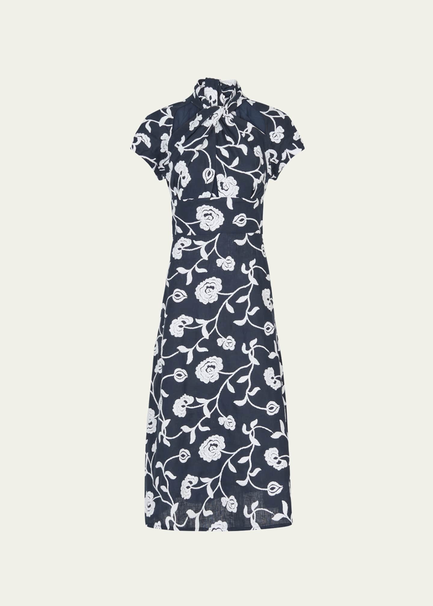 Silvia Tcherassi Lea Embroidered Midi Dress With Twist Neckline