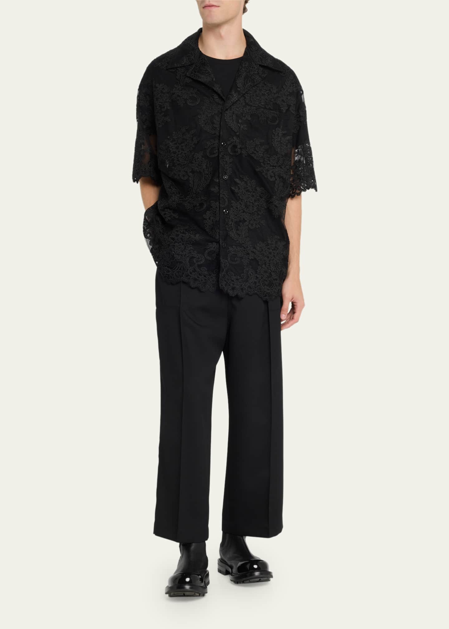 Simone Rocha Men's Relaxed Corded Lace Camp Shirt - Bergdorf Goodman