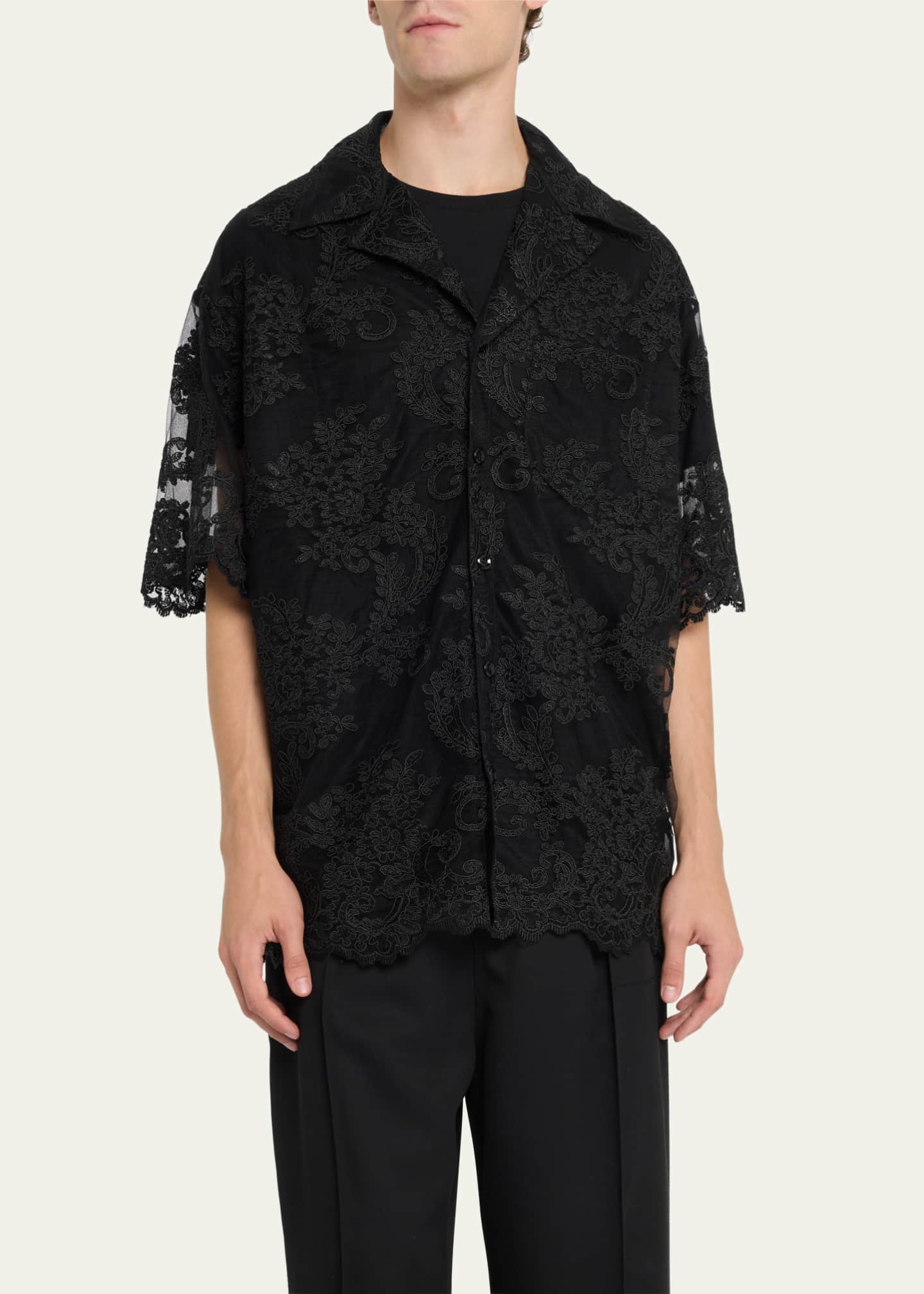 Simone Rocha Men's Relaxed Corded Lace Camp Shirt - Bergdorf Goodman