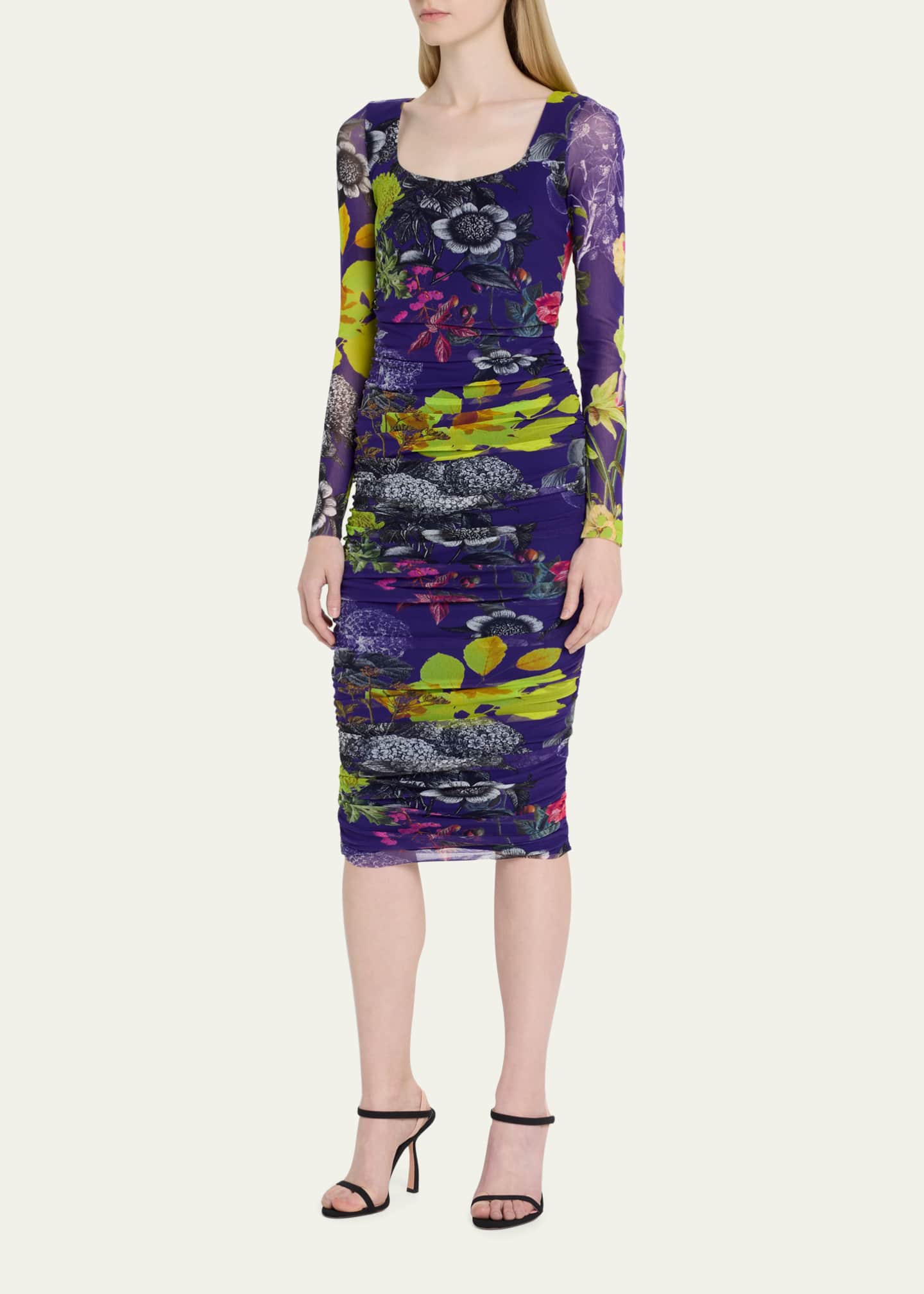 Fuzzi Ruched Floral-Print Tulle Midi Dress - Bergdorf Goodman