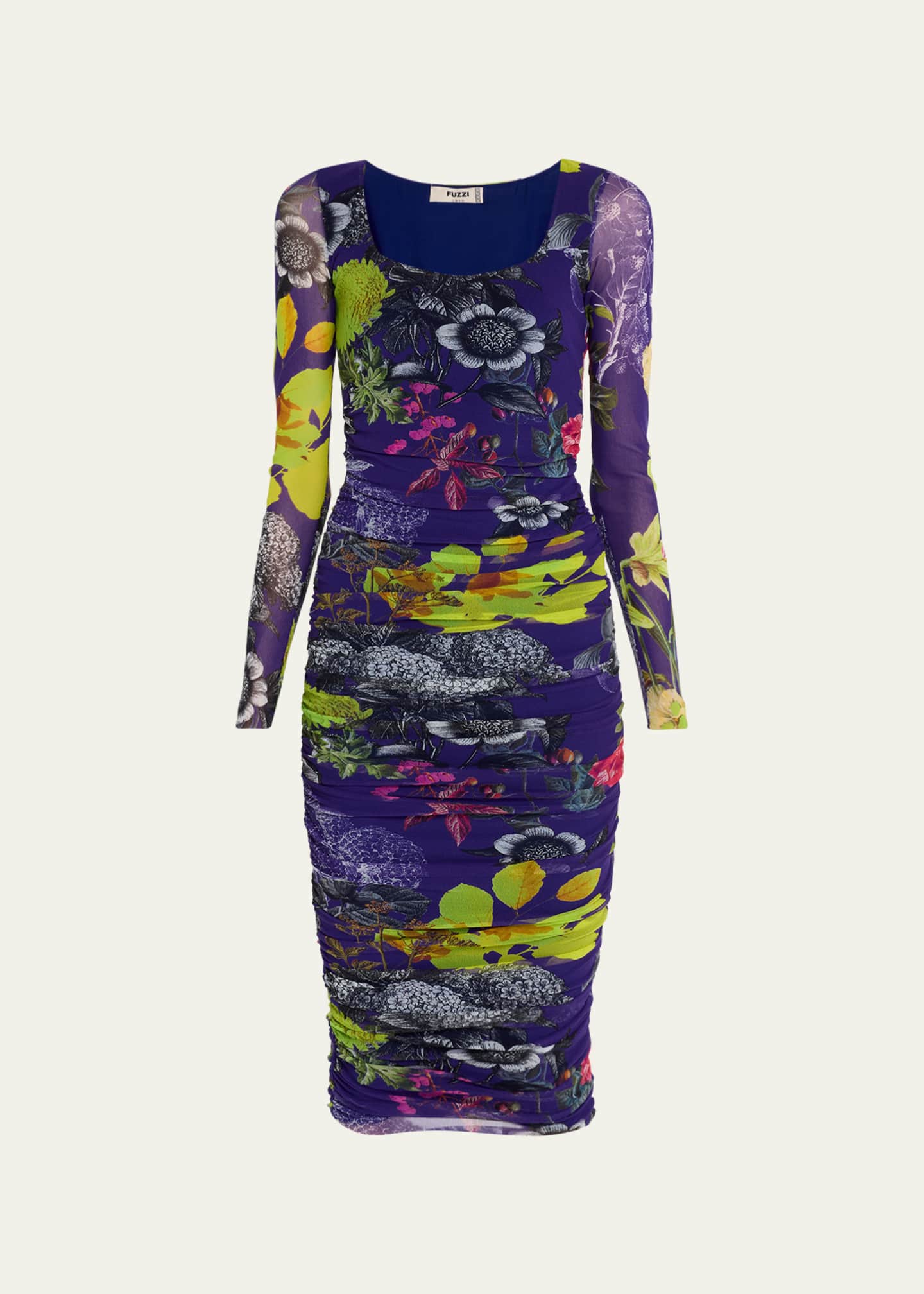 Fuzzi Ruched Floral-Print Tulle Midi Dress - Bergdorf Goodman