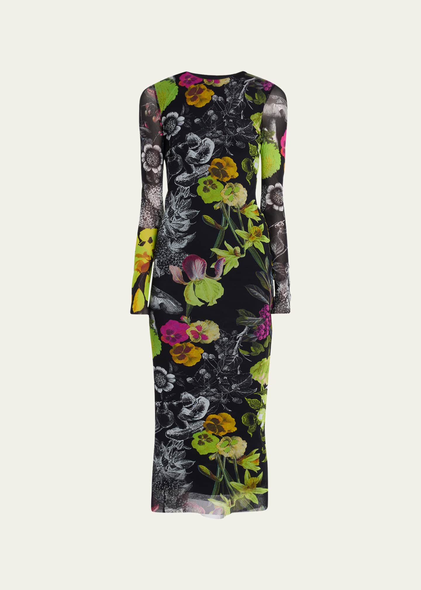 Fuzzi Long-Sleeve Floral-Print Tulle Midi Dress - Bergdorf Goodman