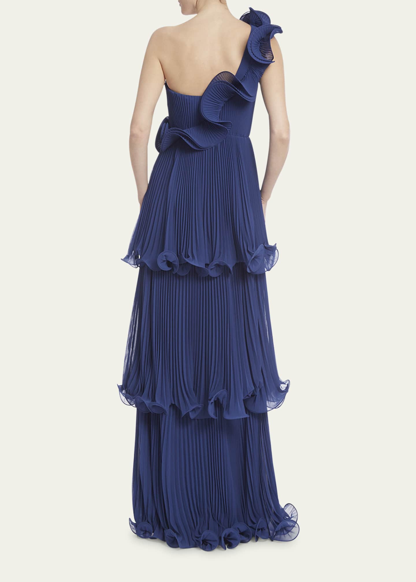 Badgley Mischka Collection Pleated Ruffle Tiered One-Shoulder Gown ...