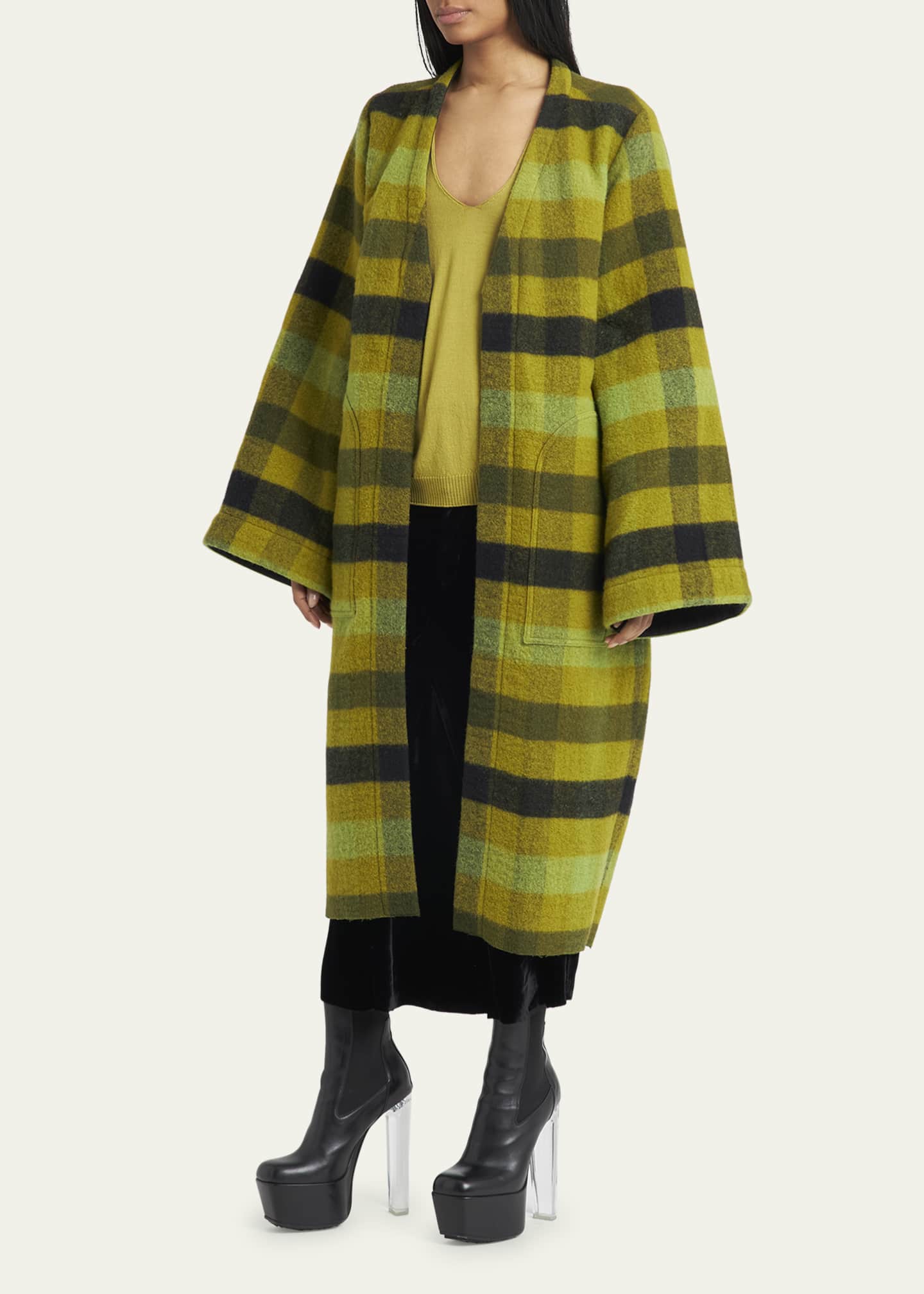 Rick Owens Plaid Dagger Robe Coat with Funnel Scarf - Bergdorf Goodman