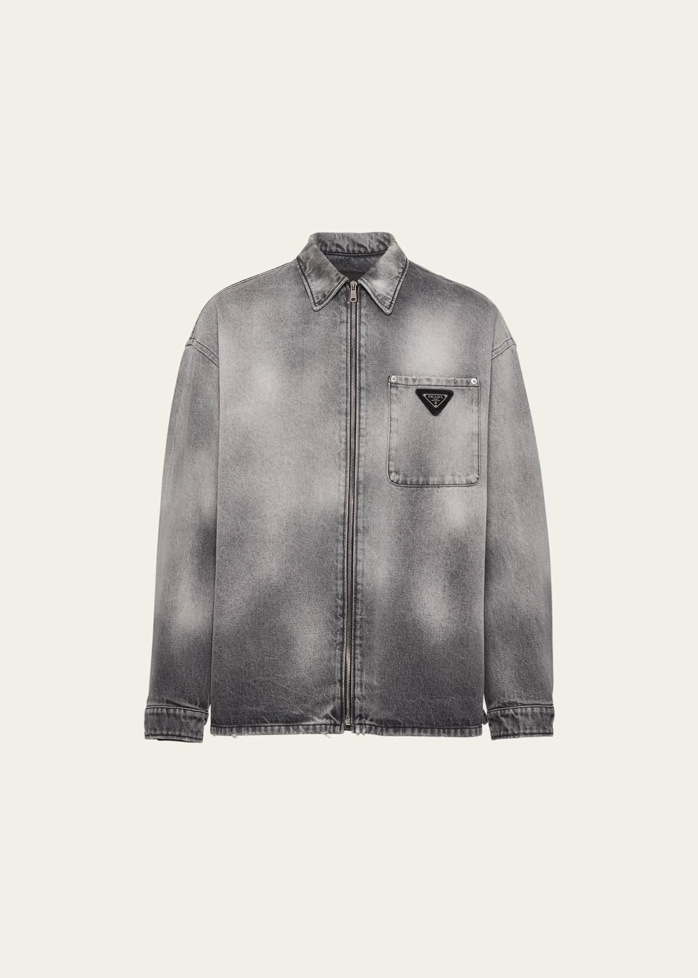 Prada Men's Denim Full-Zip Shirt with Triangle Logo - Bergdorf Goodman