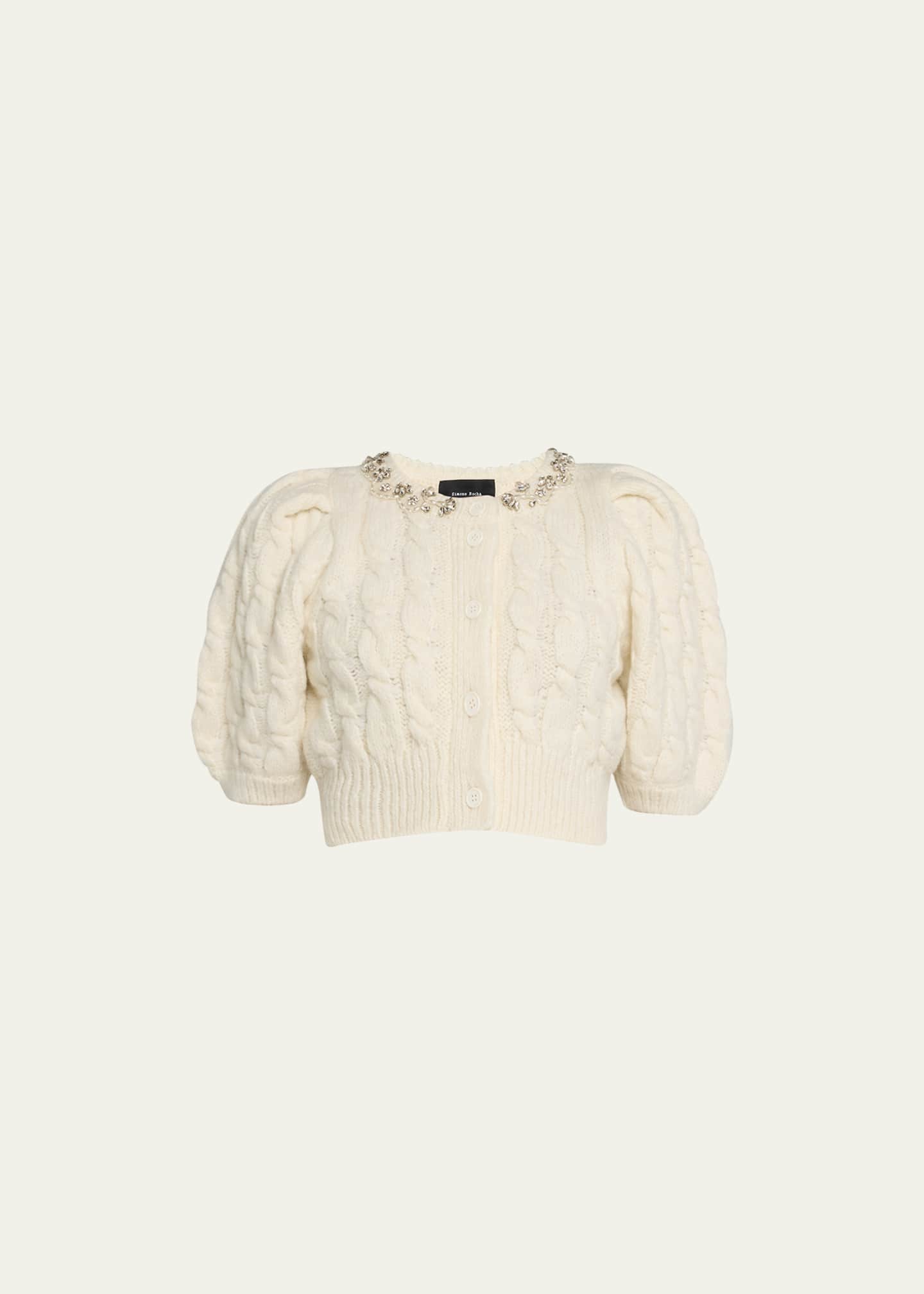 Simone Rocha Cropped Cable Puff Sleeve Cardigan W Embl - Bergdorf Goodman