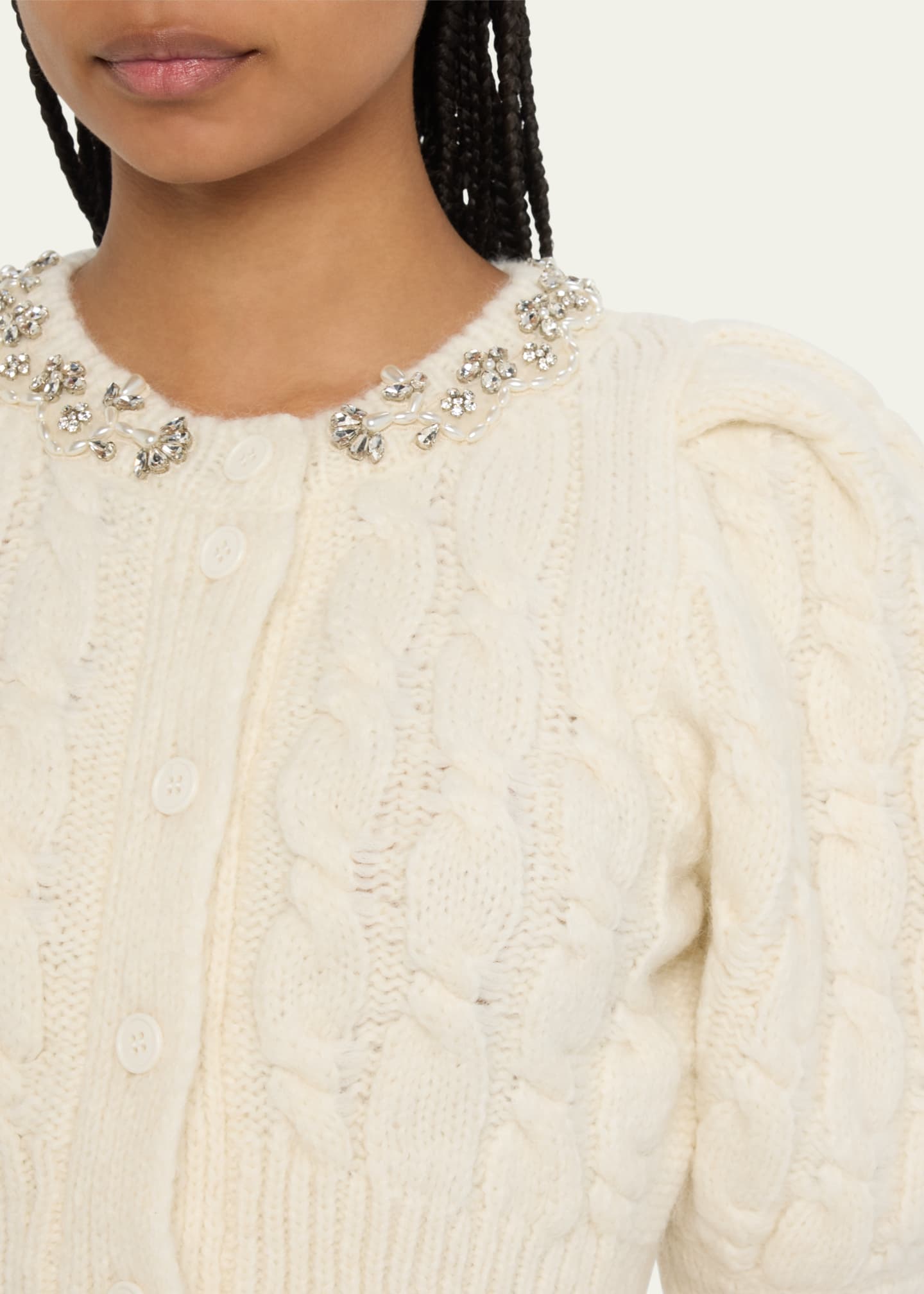 Simone Rocha Cropped Cable Puff Sleeve Cardigan W Embl - Bergdorf Goodman