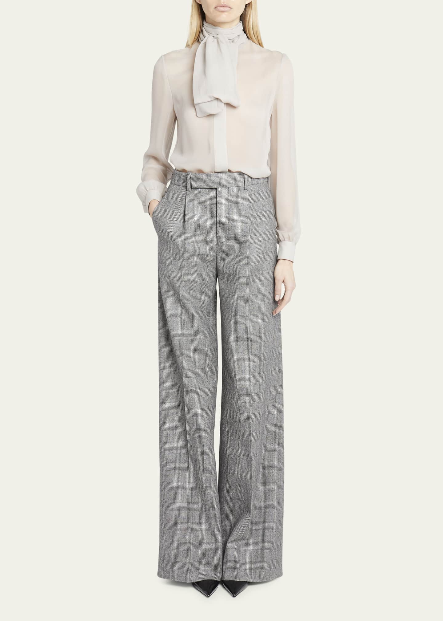 Saint Laurent Wide-Leg Micro-Check Wool Trousers - Bergdorf Goodman
