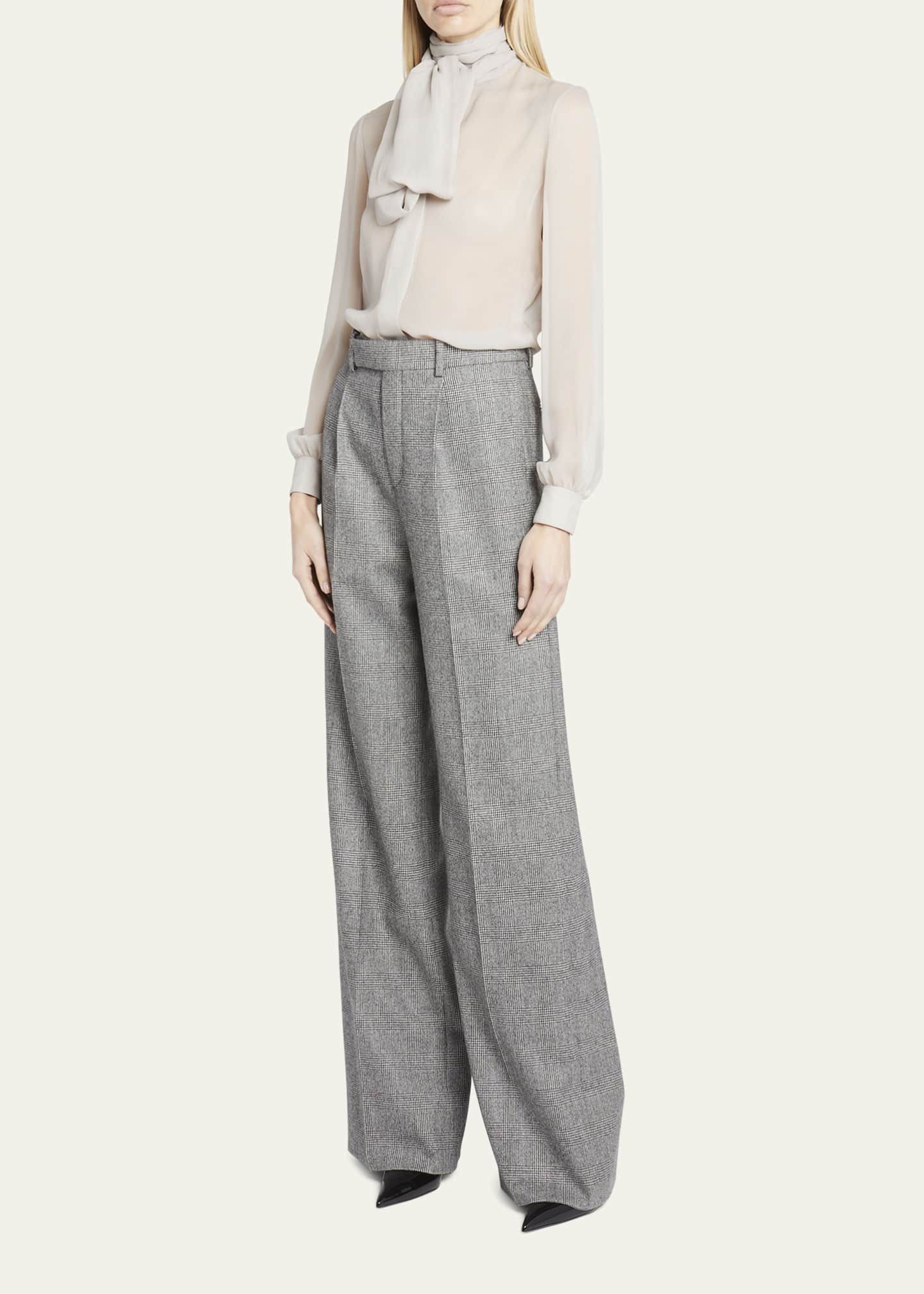 Saint Laurent Wide-Leg Micro-Check Wool Trousers - Bergdorf Goodman