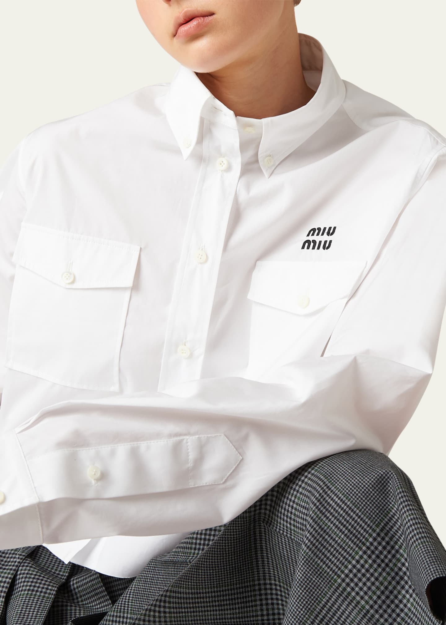Miu Miu Logo Embroidered Poplin Crop Collared Shirt - Bergdorf Goodman