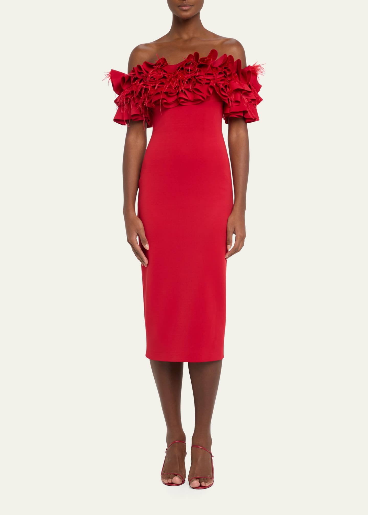 Badgley Mischka Collection Off-Shoulder Feather Ruffle Midi Dress ...