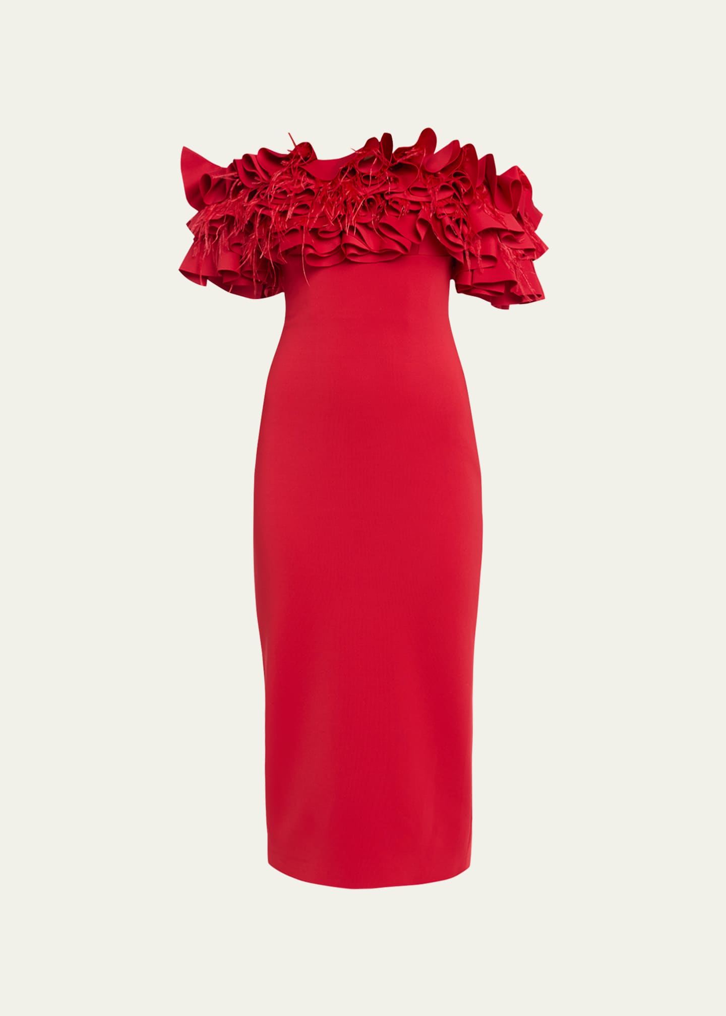 Badgley Mischka Collection Off-Shoulder Feather Ruffle Midi Dress ...