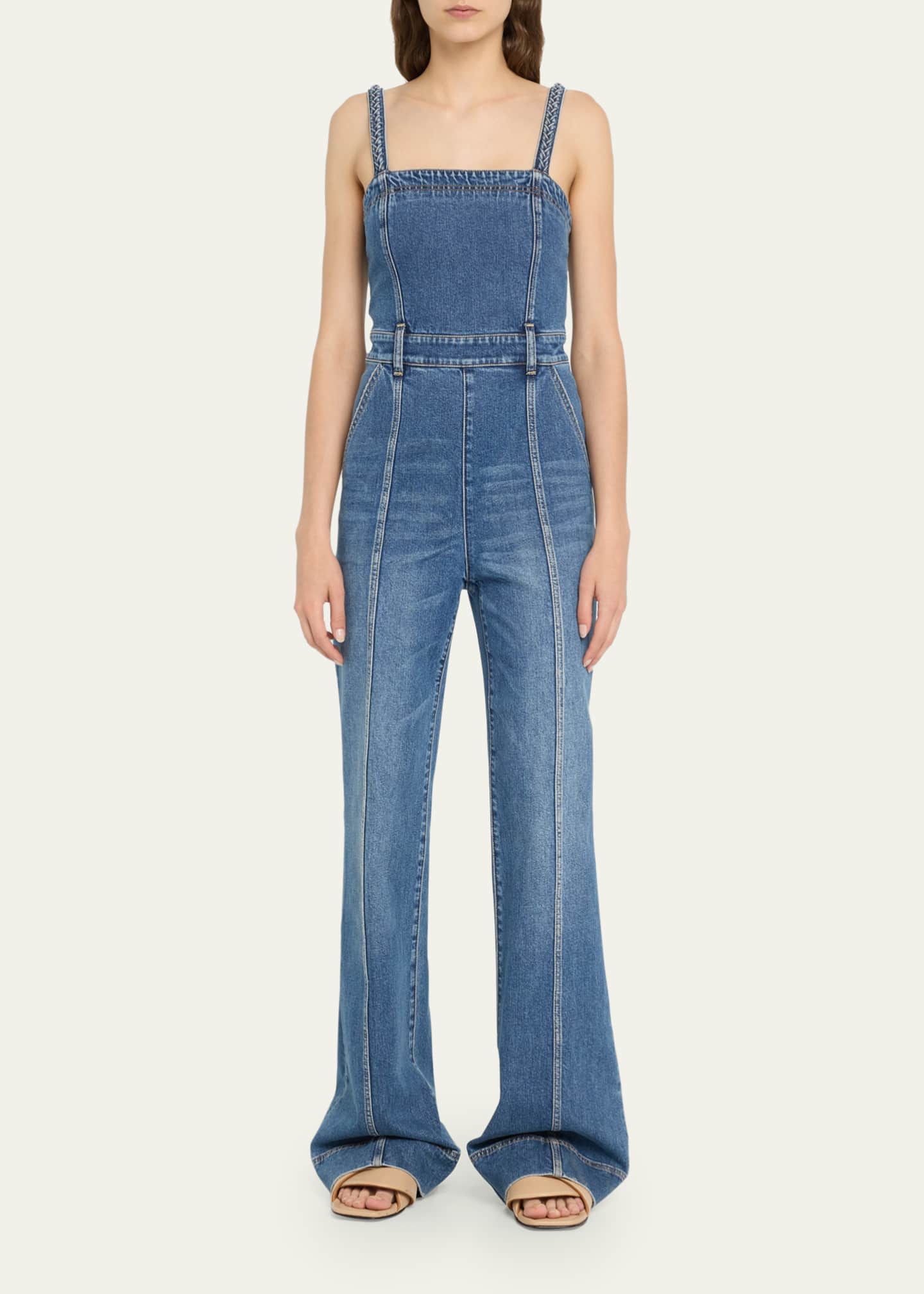 Alice + Olivia Melody Braid-Strap Wide-Leg Denim Jumpsuit - Bergdorf ...