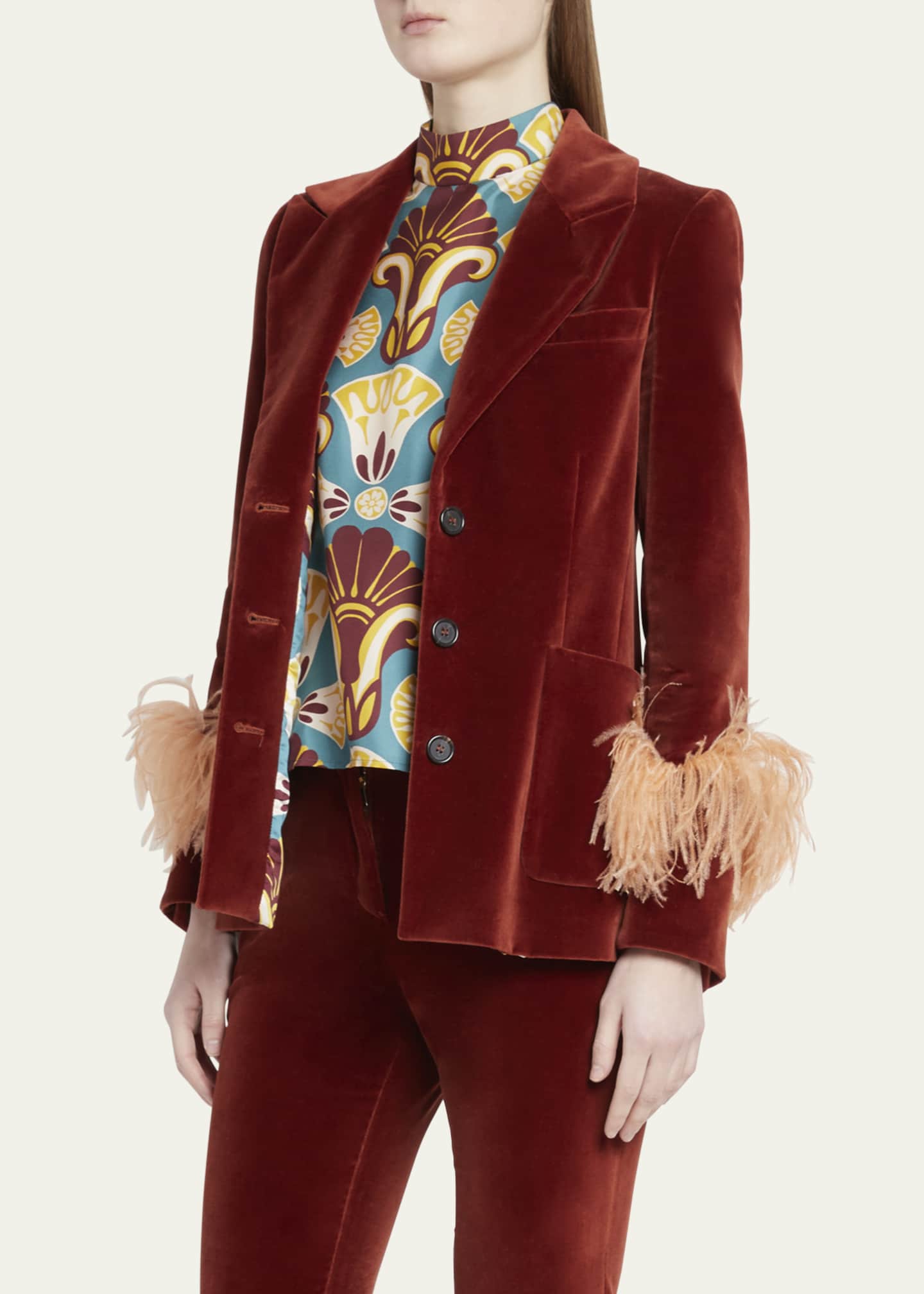 La DoubleJ Keaton Velvet Feather-Cuff Blazer - Bergdorf Goodman