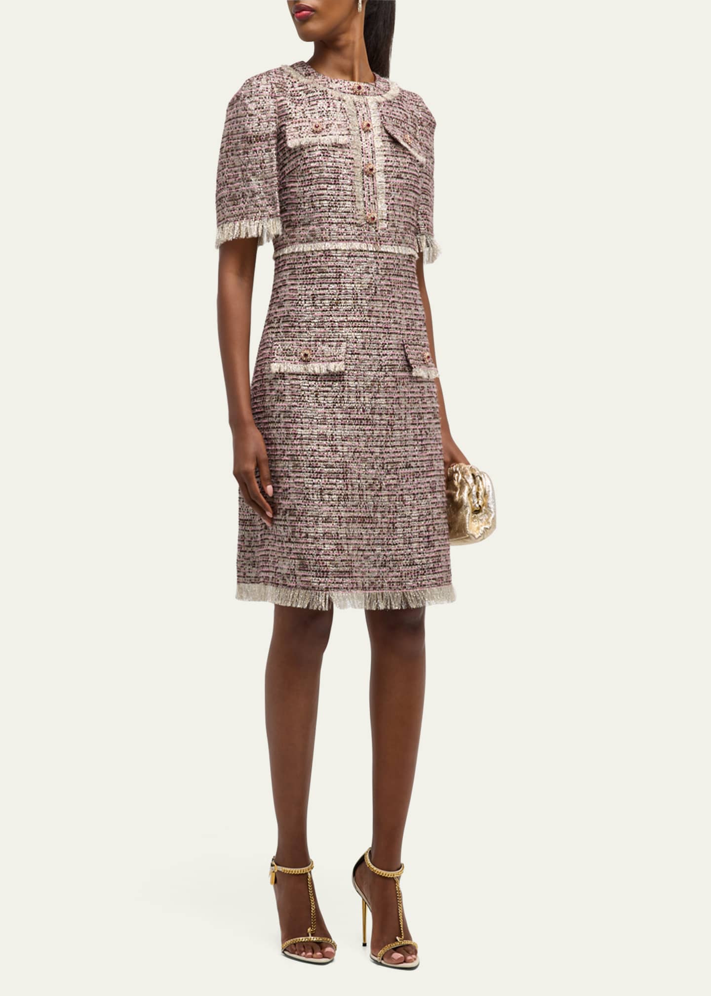 Rickie Freeman for Teri Jon Shimmer Fringe-Trim Tweed Dress - Bergdorf ...