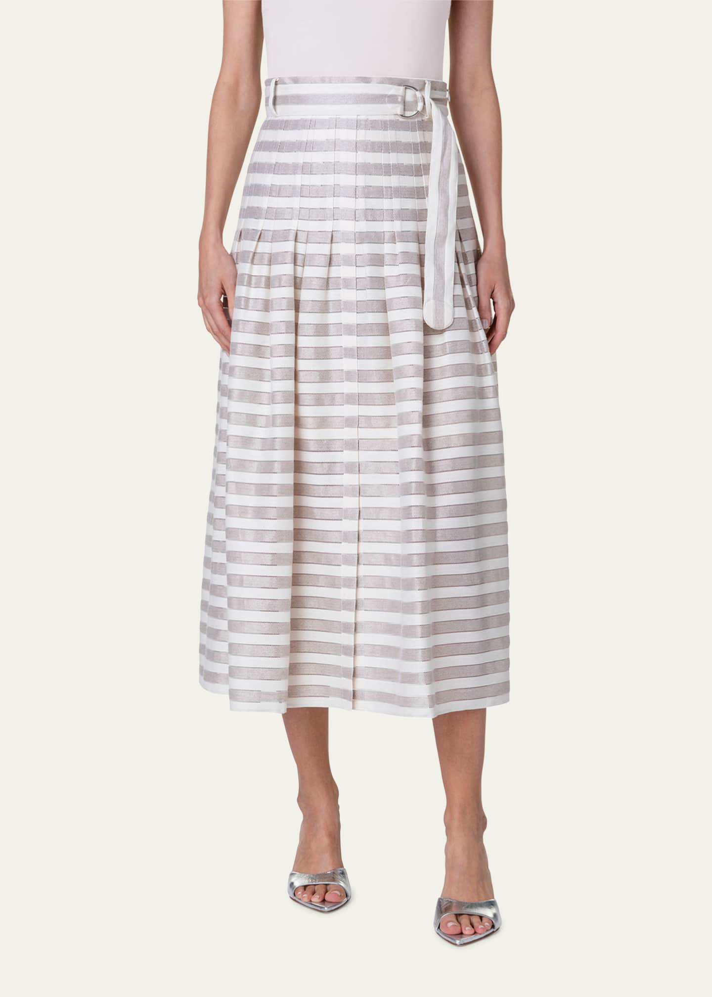 Akris punto Linen Blend Kodak Striped Midi Skirt with Belt - Bergdorf ...