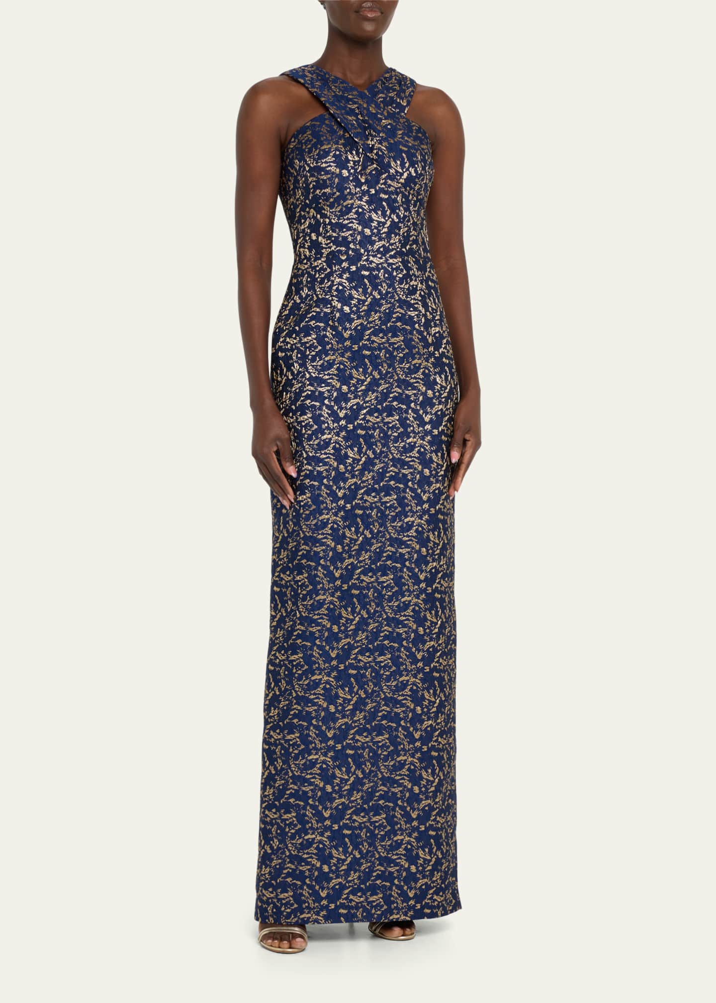 Rickie Freeman for Teri Jon Sleeveless Crossover Jacquard Column Gown ...