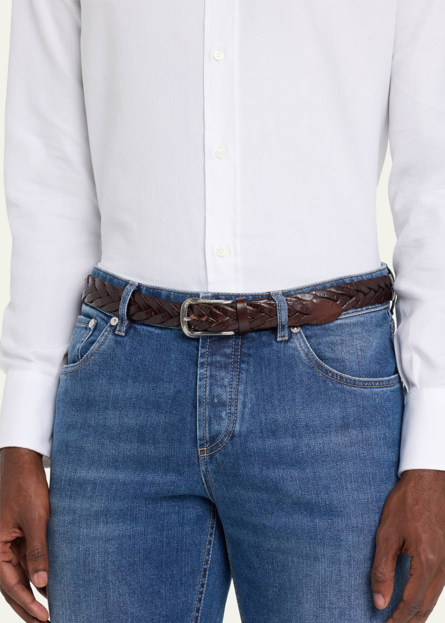 Brunello Cucinelli Men's Scratched Braided Calfskin Belt with Engraved ...