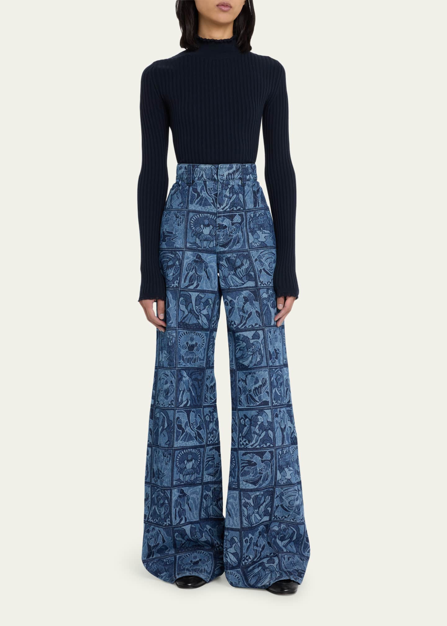 Chloe Patchwork Laser-Print Flared Denim Pants - Bergdorf Goodman