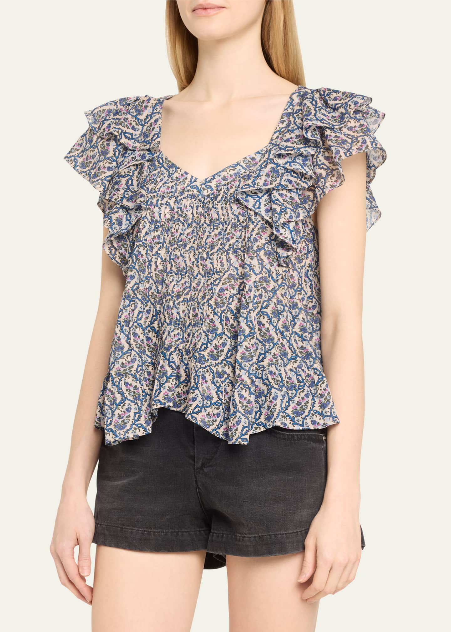 Etoile Isabel Marant Madrana Floral Ruffle-Sleeve Blouse - Bergdorf Goodman