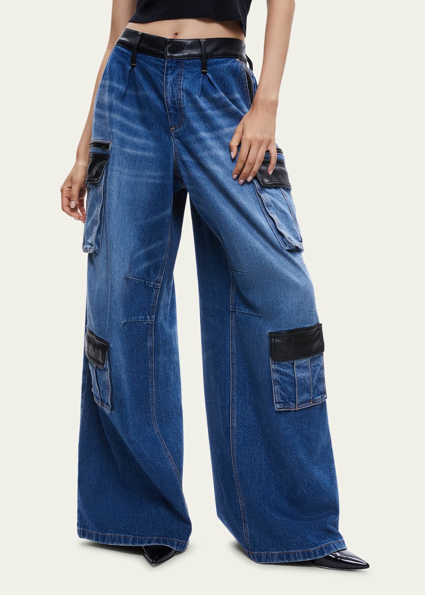 Alice + Olivia Joette Low-Rise Combo Vegan Leather Cargo Jeans ...