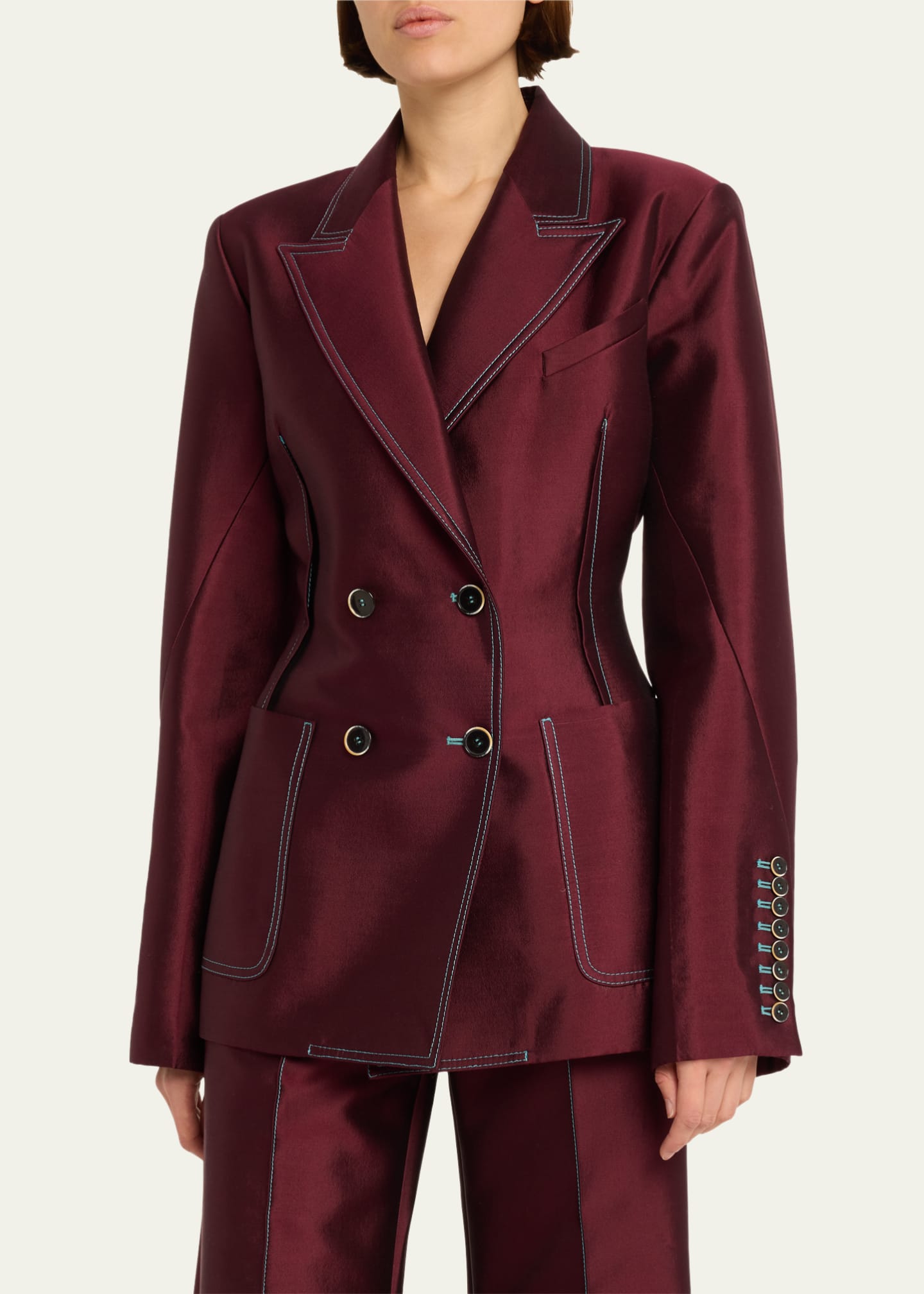 CHRISTOPHER JOHN ROGERS Pleated-Back Blazer Jacket with Contrast Seams ...