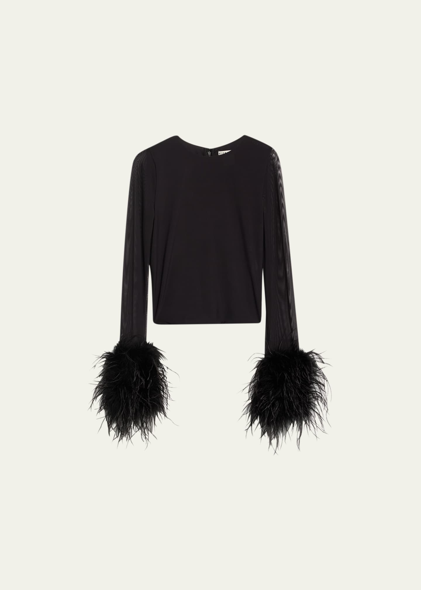 Alice + Olivia Delaina Mesh Feather-Cuff Crop Top - Bergdorf Goodman