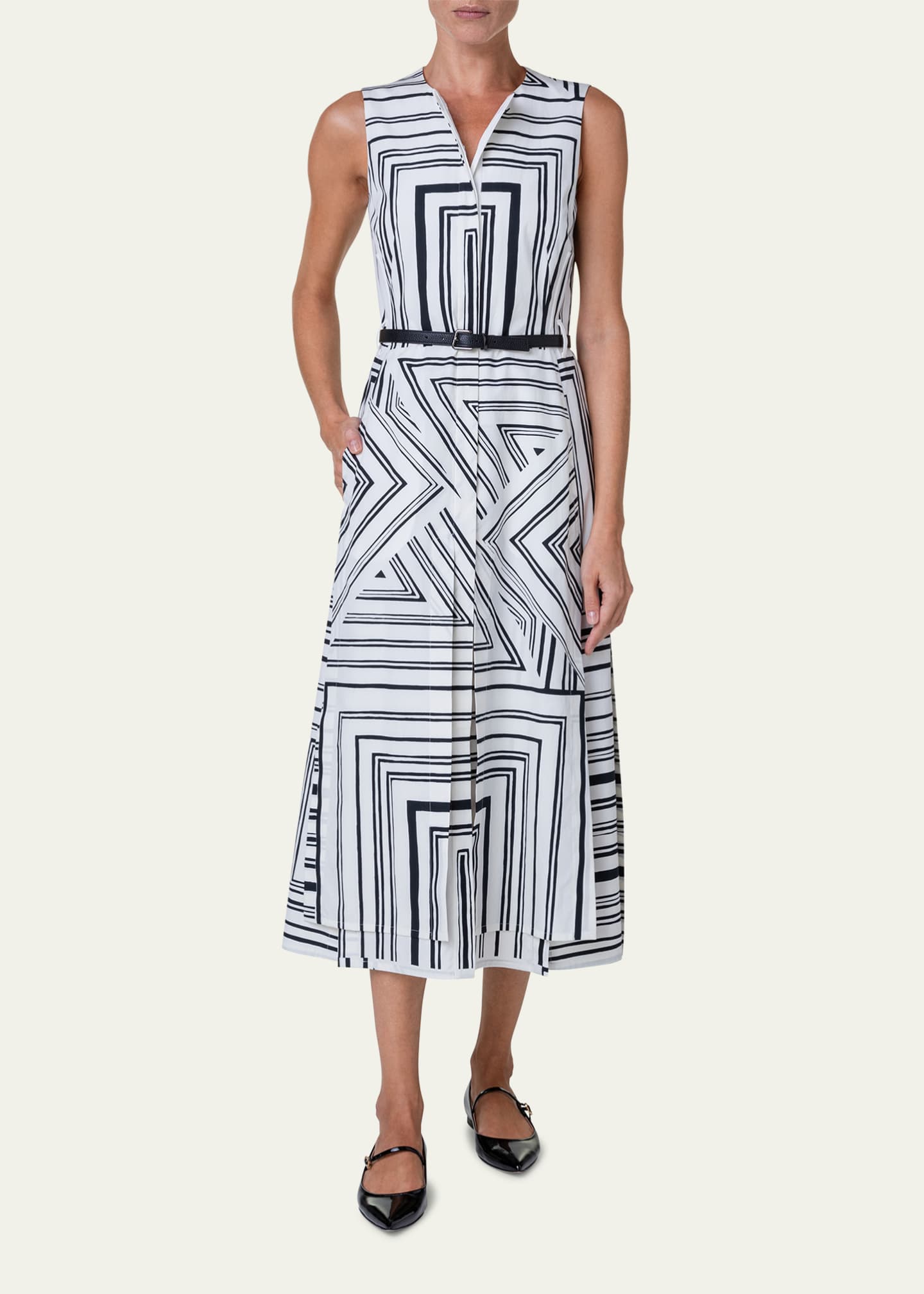 Akris Poplin Lizzi's Lines Printed Midi Dress with Belt - Bergdorf Goodman