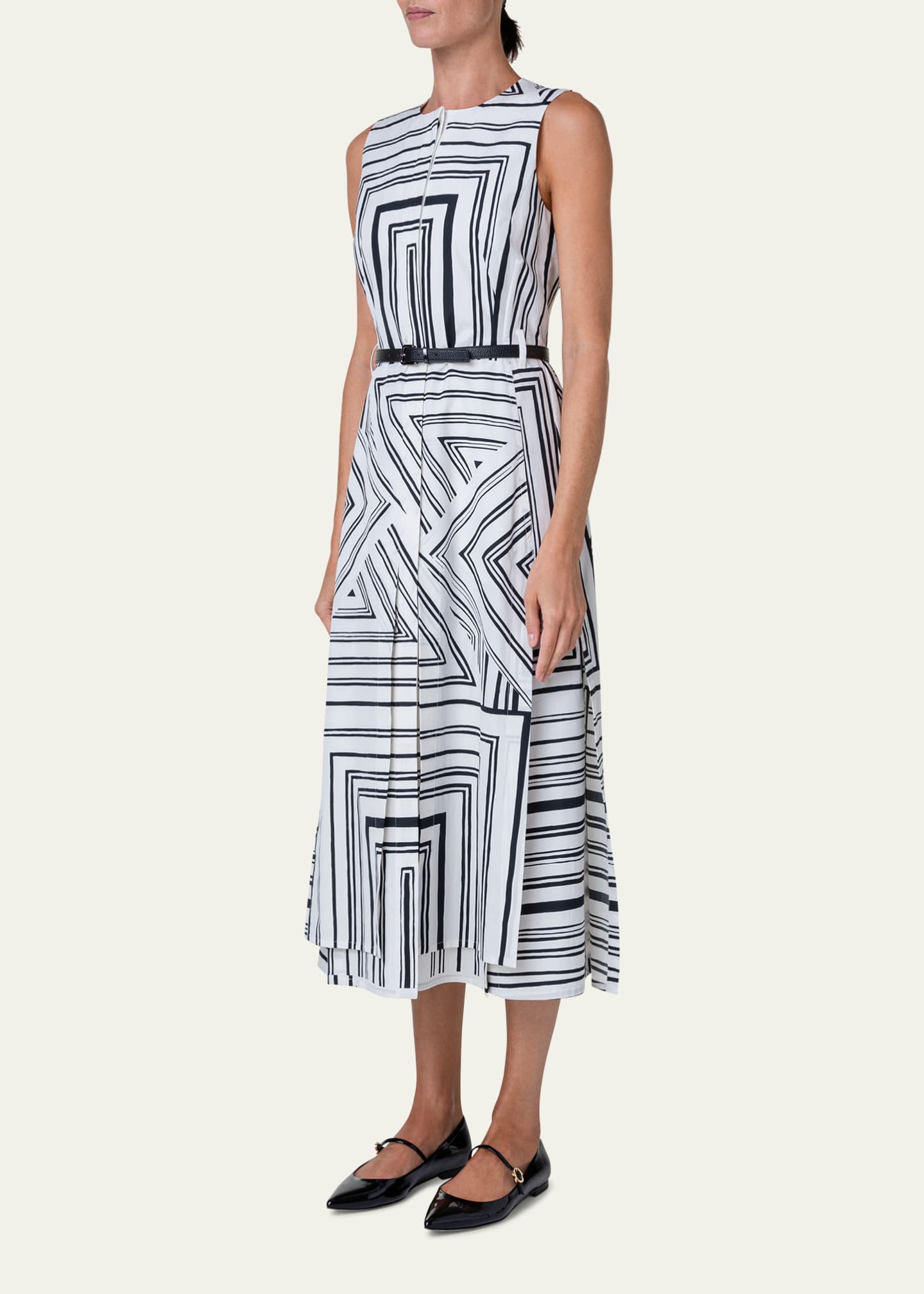 Akris Poplin Lizzi's Lines Printed Midi Dress with Belt - Bergdorf Goodman