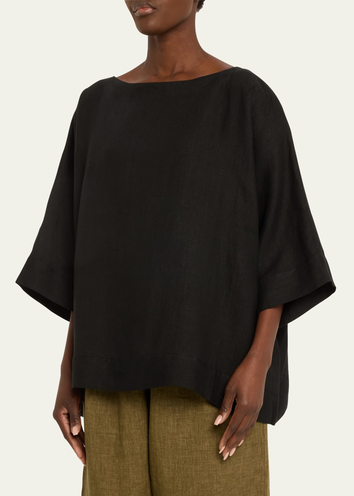 Eskandar Scoop-Neck 3/4-Sleeve Top With Hem Bands (Mid Plus Length ...