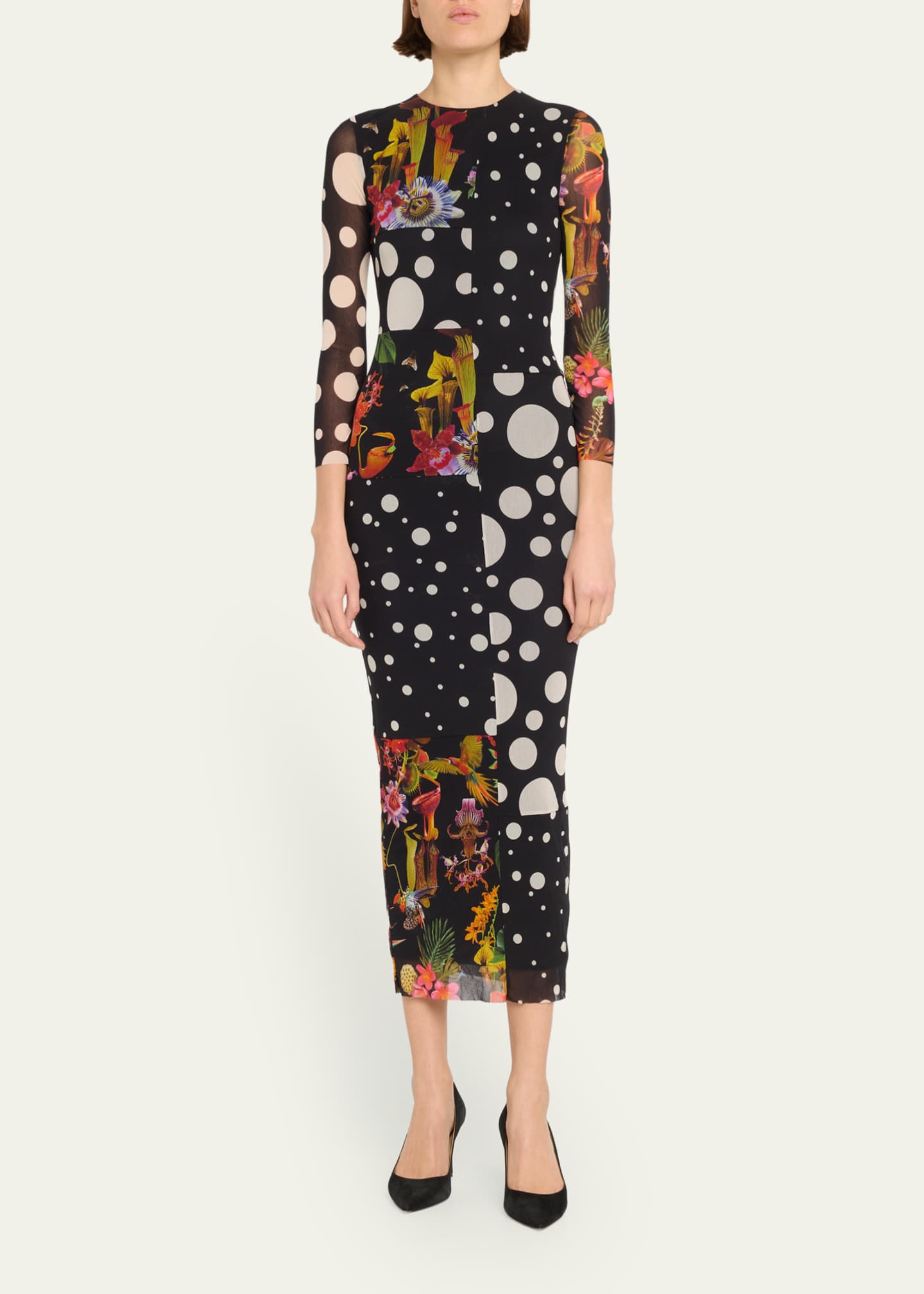 Fuzzi Patchwork-Print Bodycon Tulle Midi Dress - Bergdorf Goodman