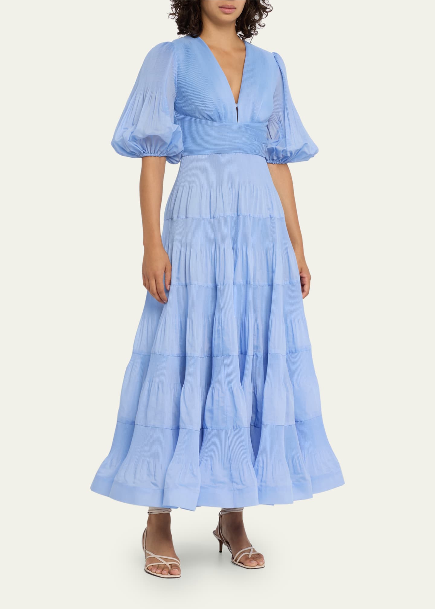 Zimmermann Pleated Puff-Sleeve Midi Dress - Bergdorf Goodman